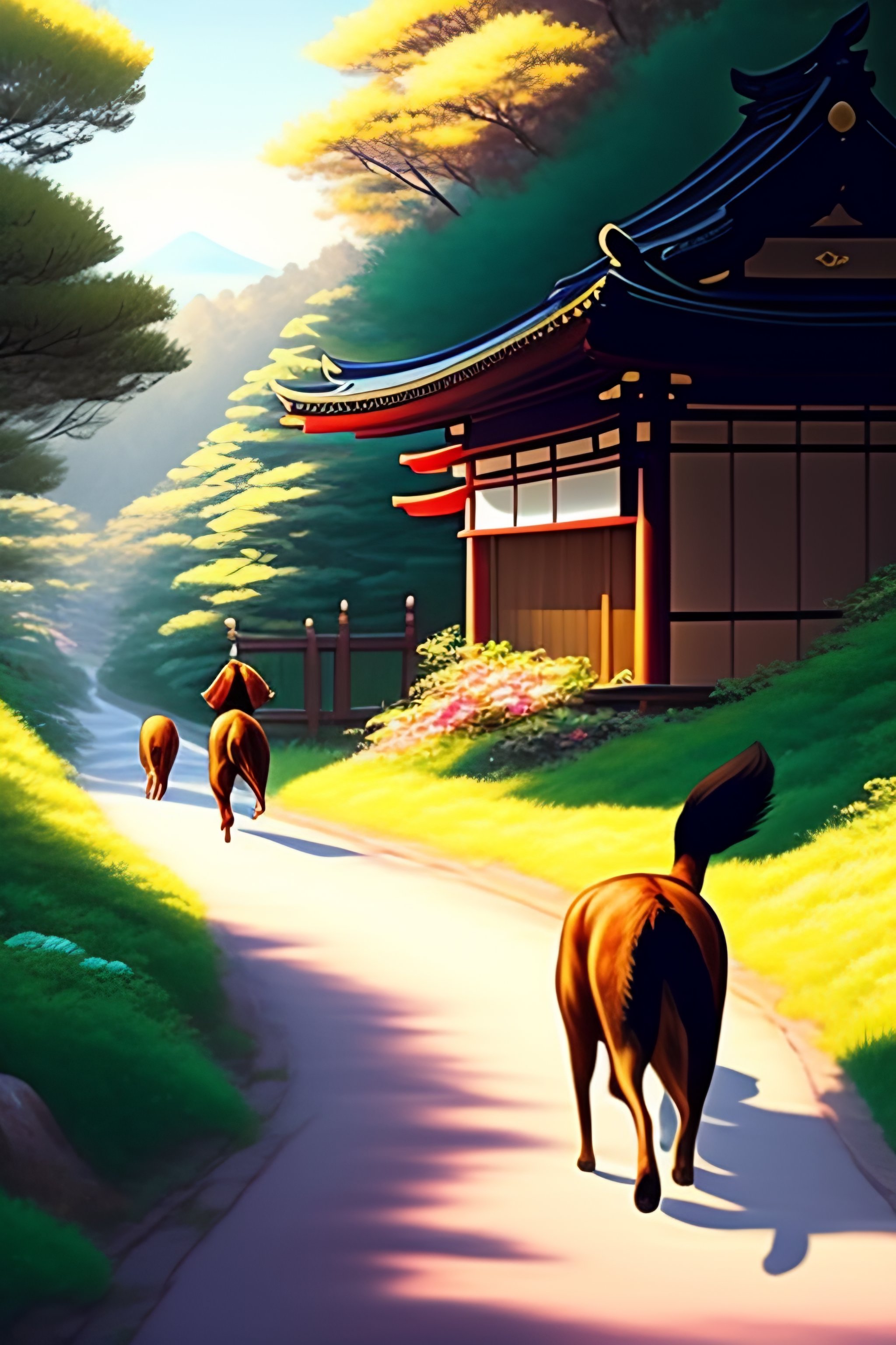 Lexica - 2 dogs running down a foot path in rural japan, in anime style
