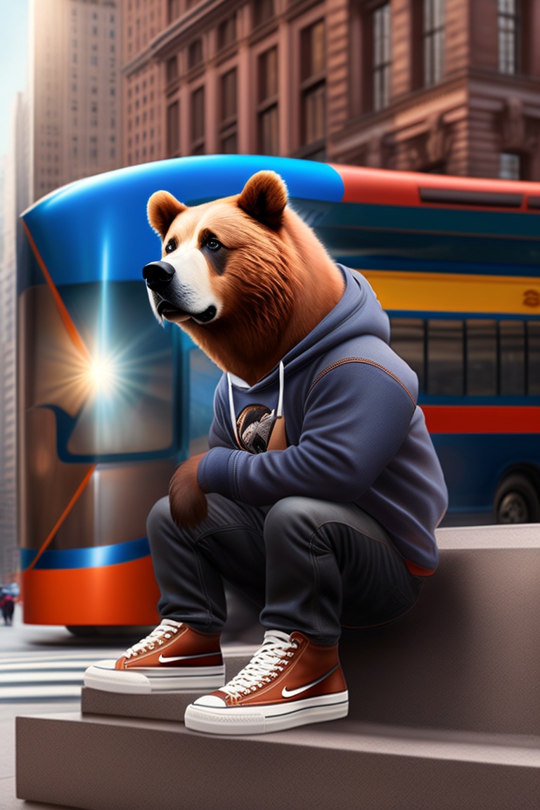 Lexica - Photo realistic humanized bear, wearing sneakers, blue jeans ...