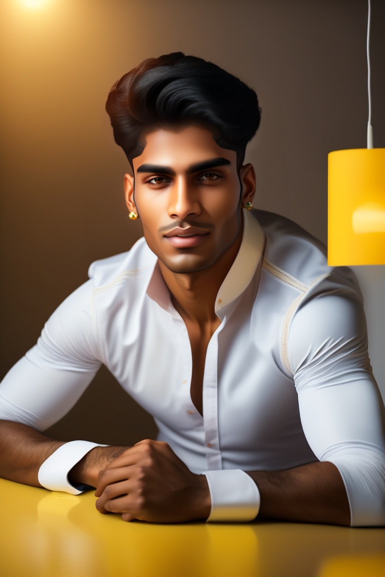 Lexica - A young Indian man sitting, modern white desk, both hands on ...