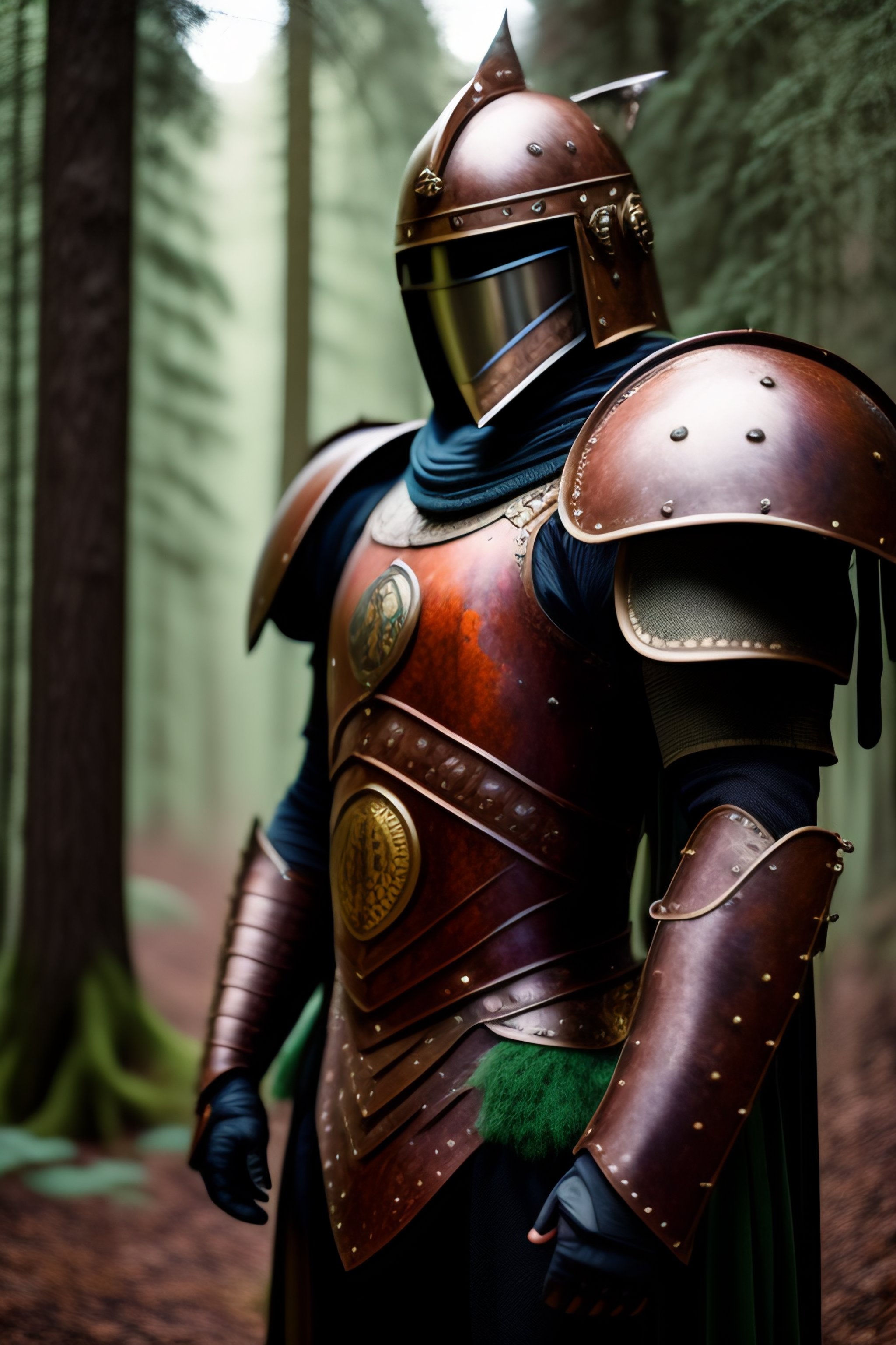 Lexica - A rusty medieval suit of armor in a forest