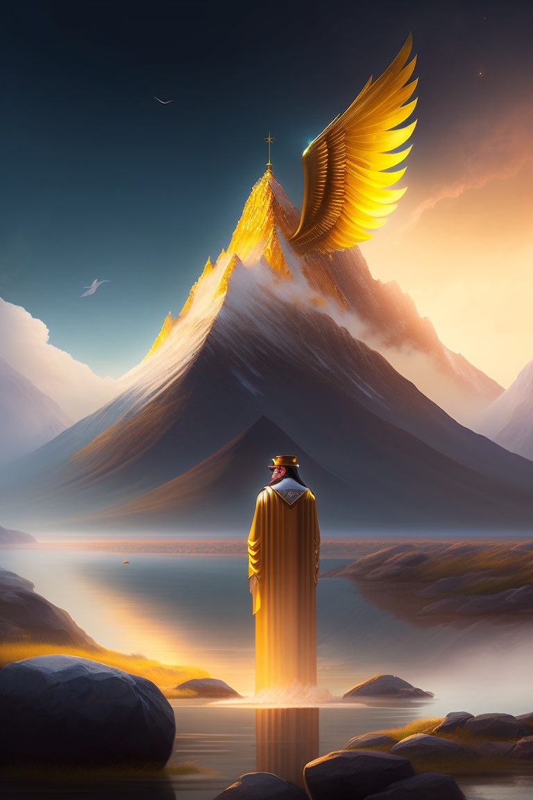 Lexica - God with four golden wings, a giant mountain, river, cathedral
