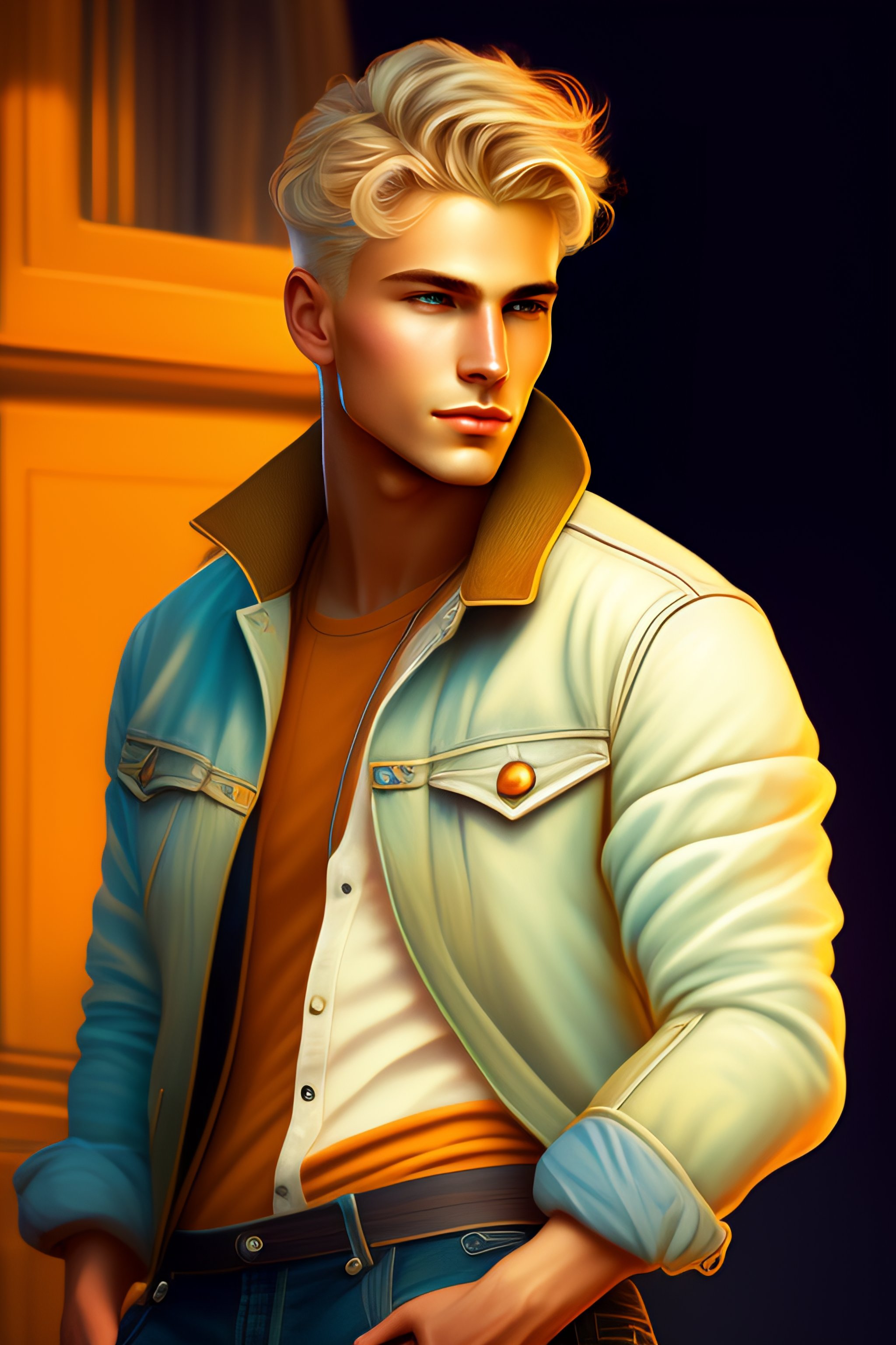 Lexica - Modern young man with ash blond hair square jaw, jeans, gon ...