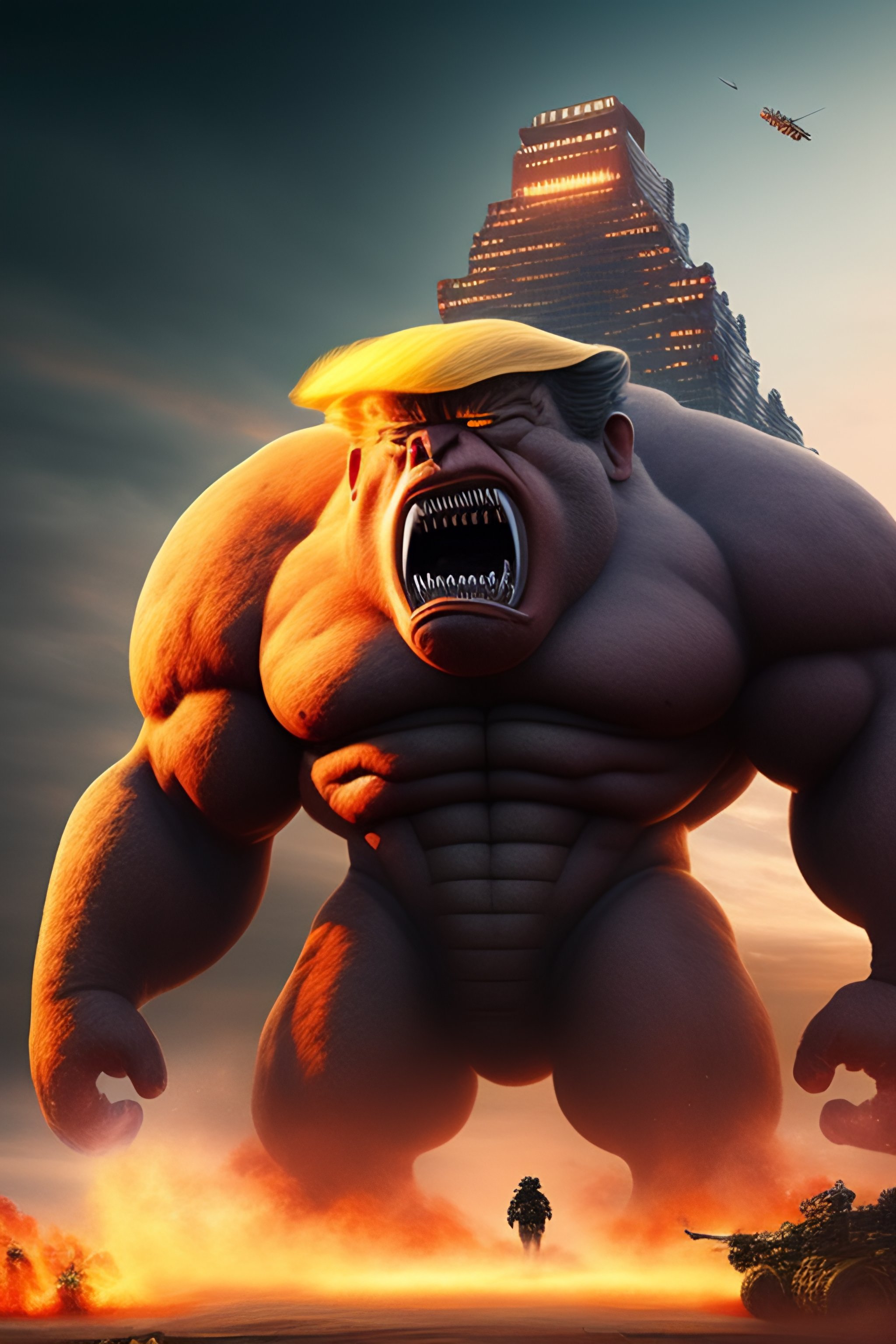 Lexica - Donald Trump depicted as a giant monster destroying a city