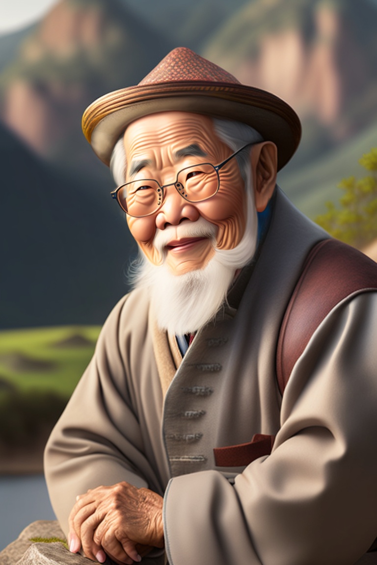Lexica - Portrait of Old wise chinese man setting on a rock in front of ...