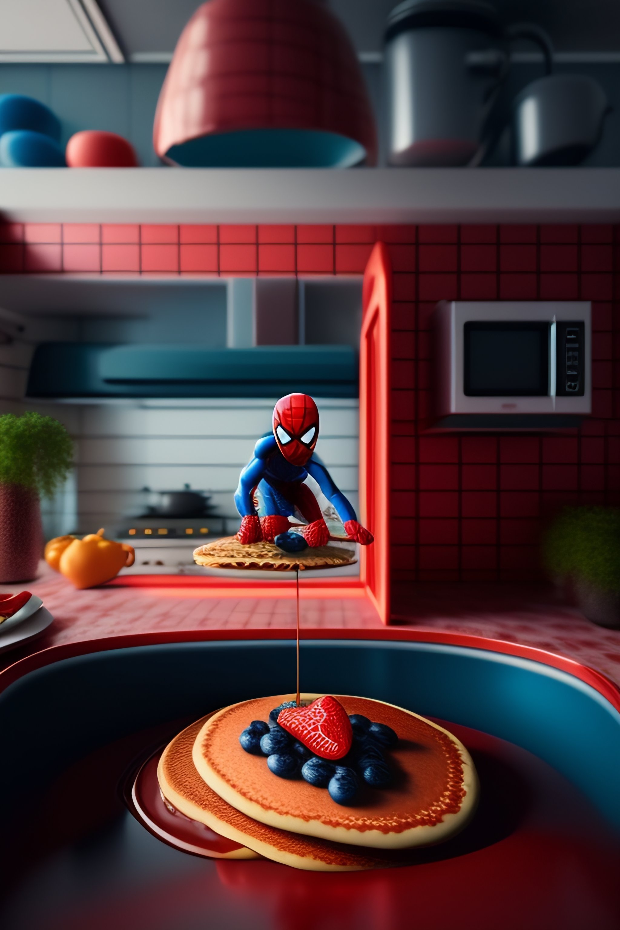 Lexica - Spiderman making a pancake in the kitchen , simon stalenhag,8k ...