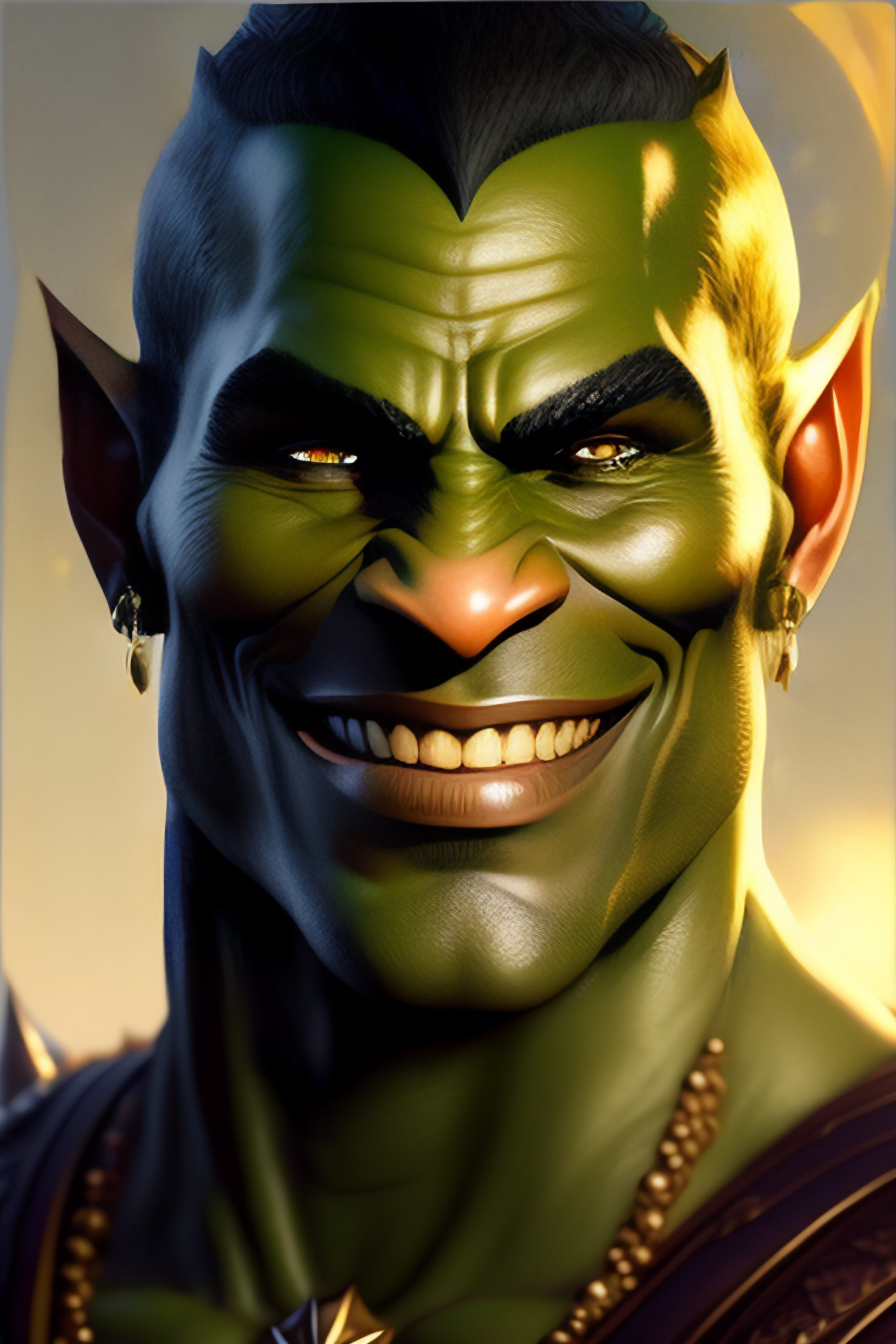 Lexica - Dark-green skinned friendly kind handsome orc, smiling