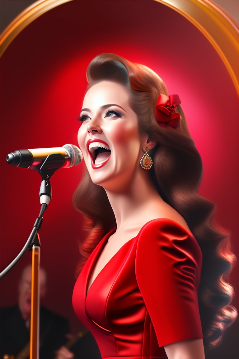 Lexica - A woman in red dress, singing Rock & Roll