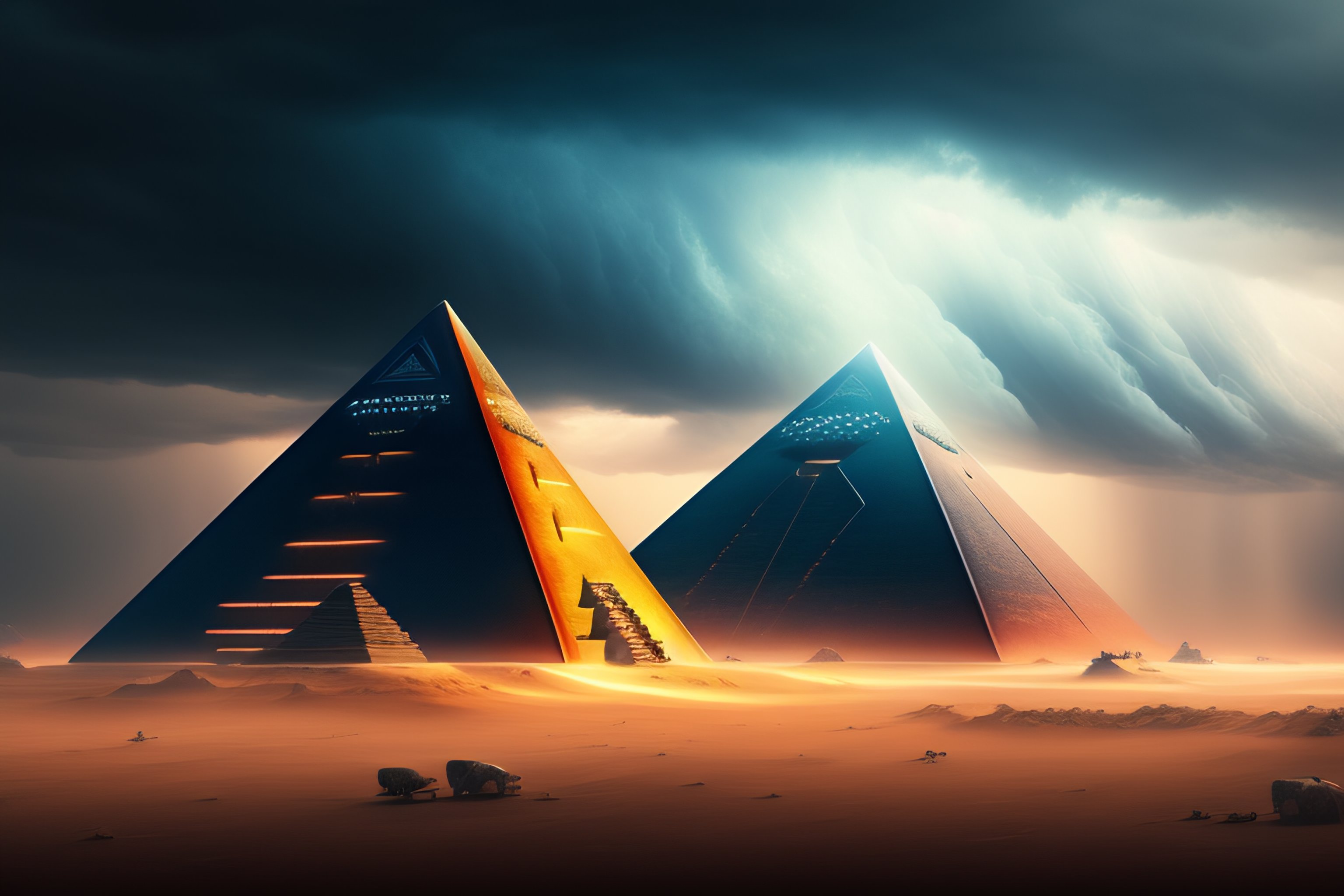 Lexica - Dystopian pyramids, background storm, computers, beautiful light