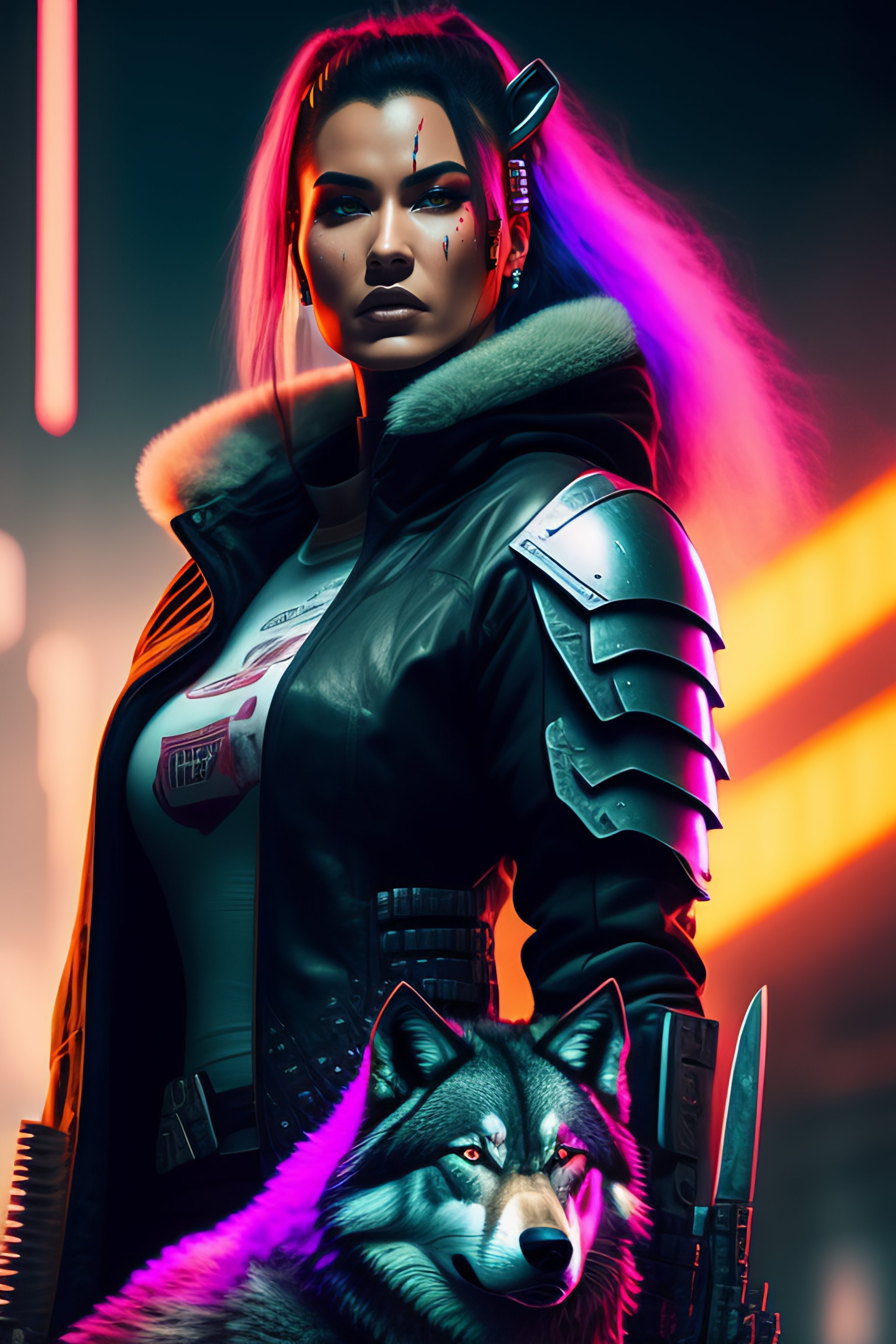 Lexica - A woman cyberpunk warrior with a giant robotic wolf sitting ...