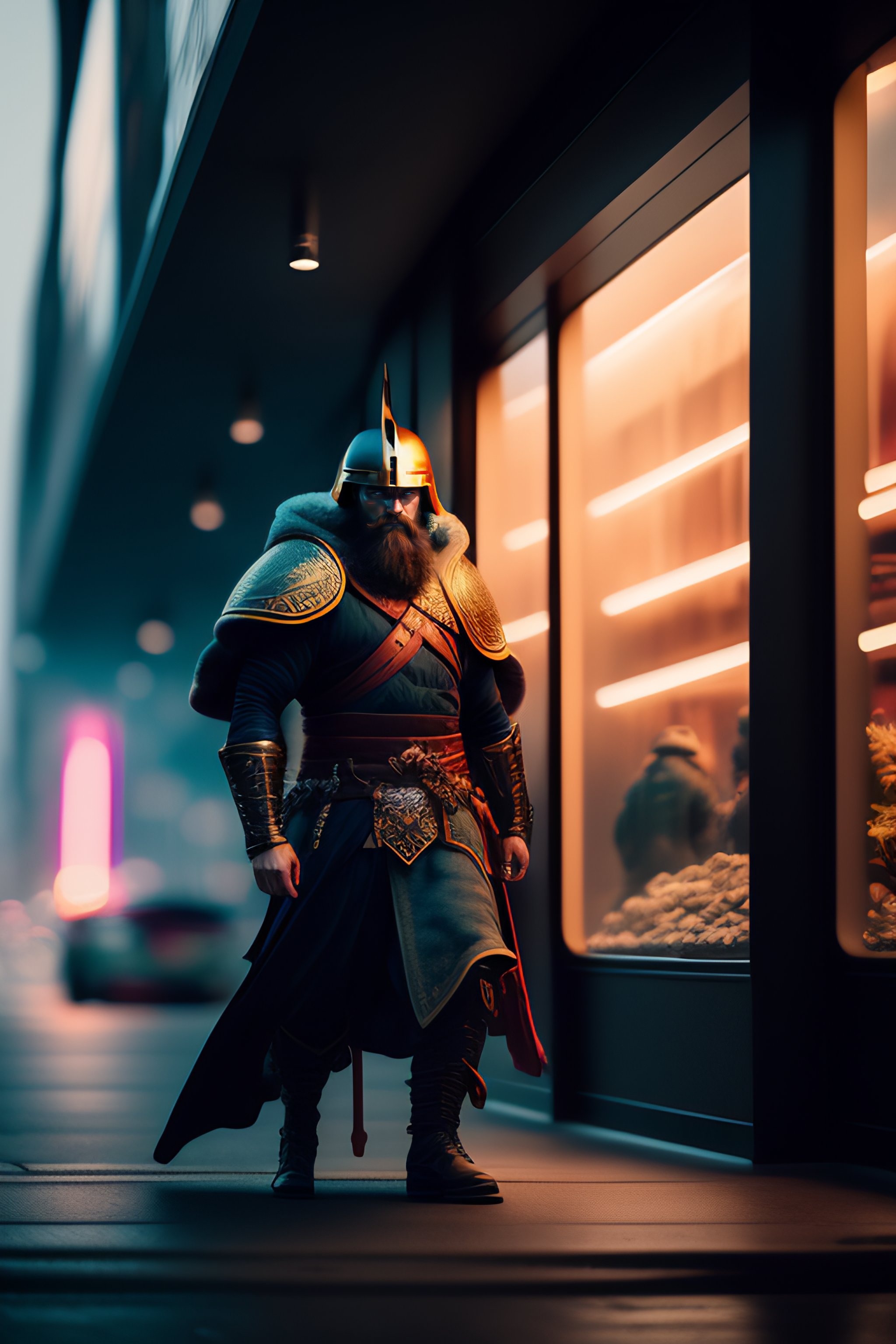 Lexica - Slow shutter speed photo of a cyberpunk ninja viking ...