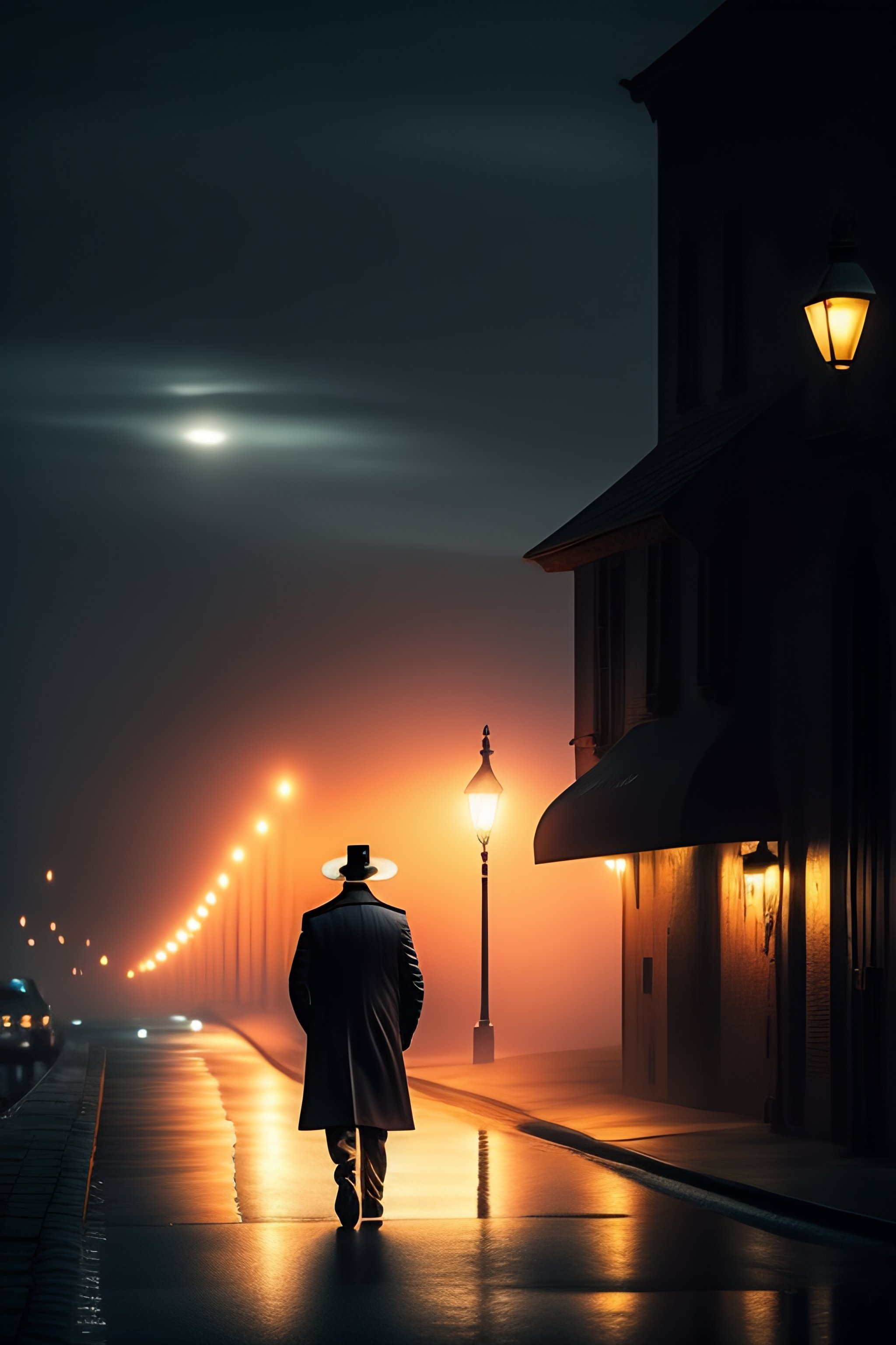 Lexica - A solitary detective walking down a dark, deserted street ...