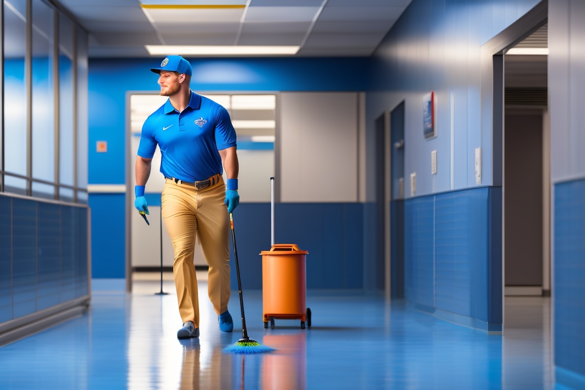 Lexica - White male janitor mopping tech building hallway floor ...