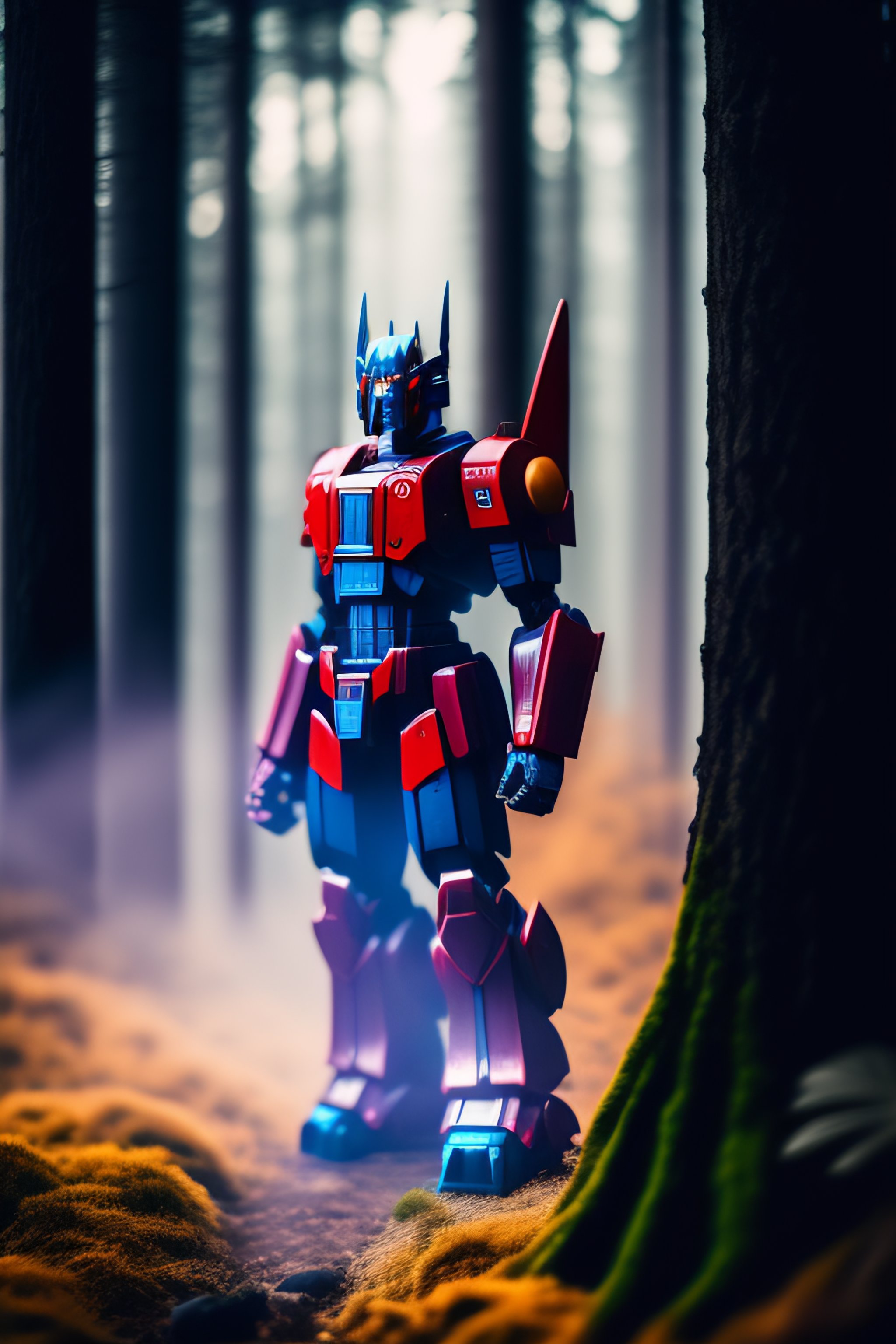 Lexica - Photography of optimus prime in action pose in the forest with ...