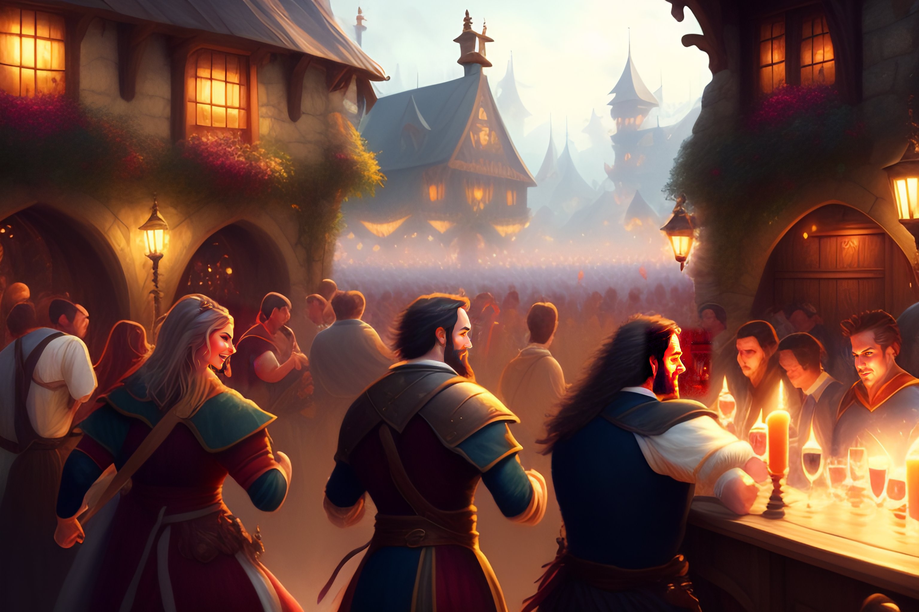 Lexica - Drunken cheering crowd in town square, medieval, high fantasy ...