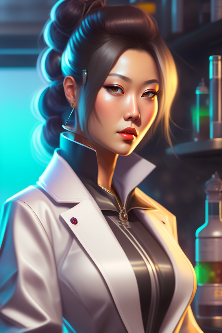 Lexica - Very atractive female Japanese cyberpunk, mad scientist feme fatale in a lab coat ...