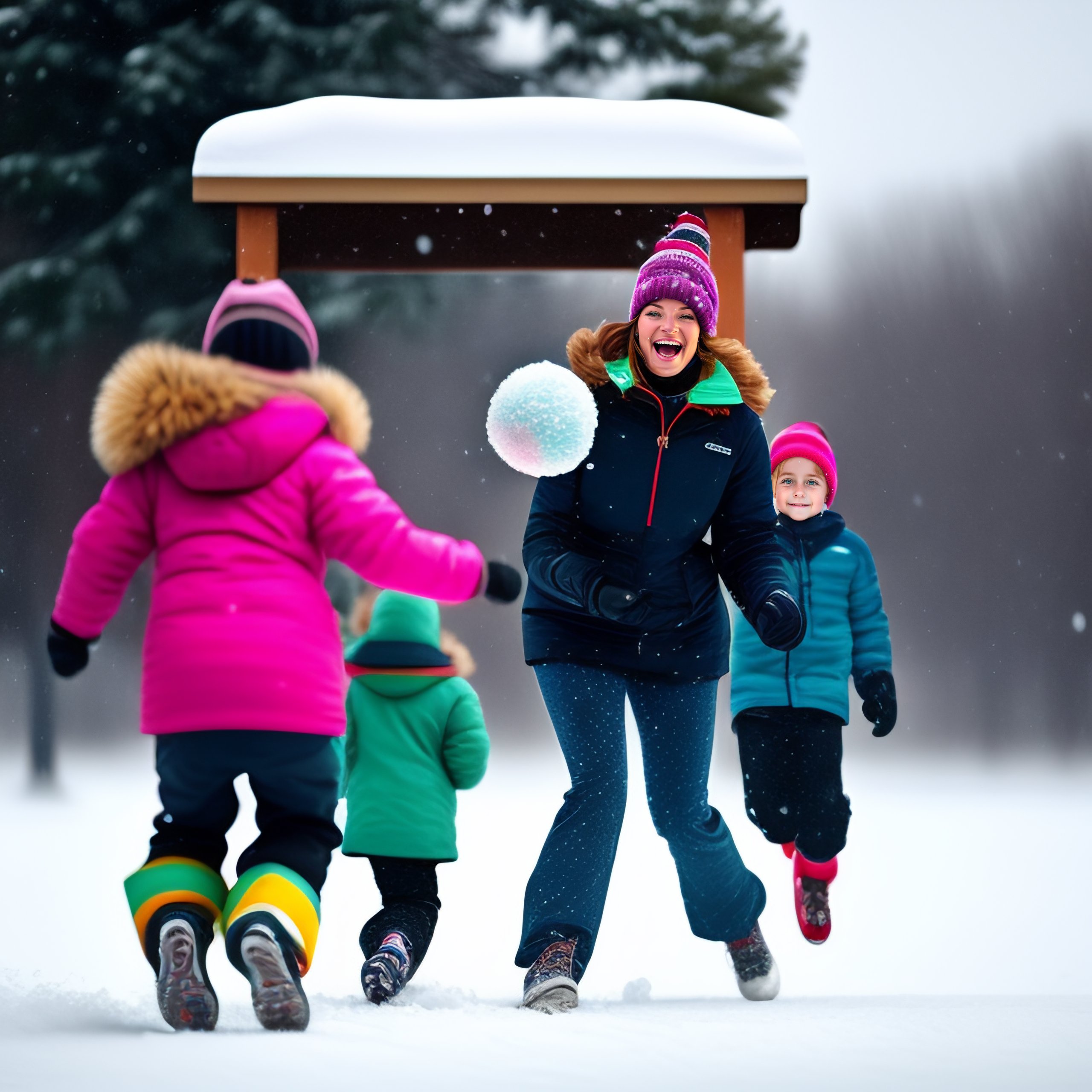 Lexica - A woman throwing snowballs at 3 kids running by a swing set in ...