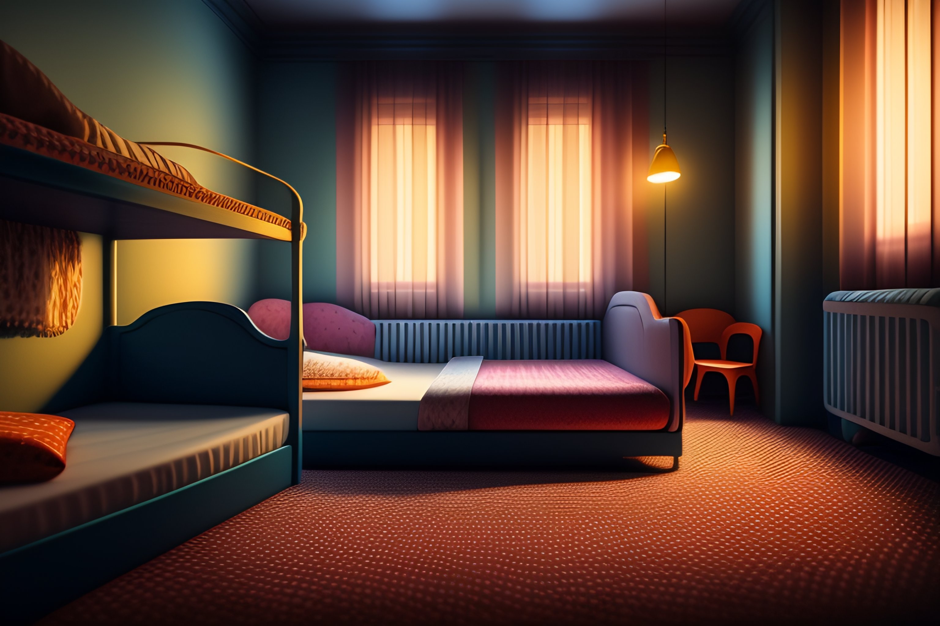 Lexica - An orphanage dormitory with beds, trunks, toys, carpet, and a ...