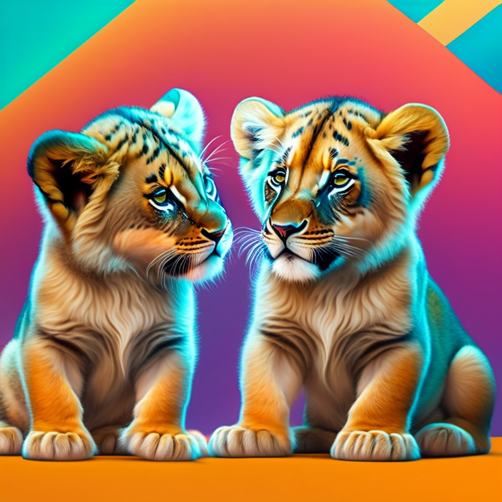 Lexica - 2 baby lion cubs playing, Illustration, neon fluro background ...