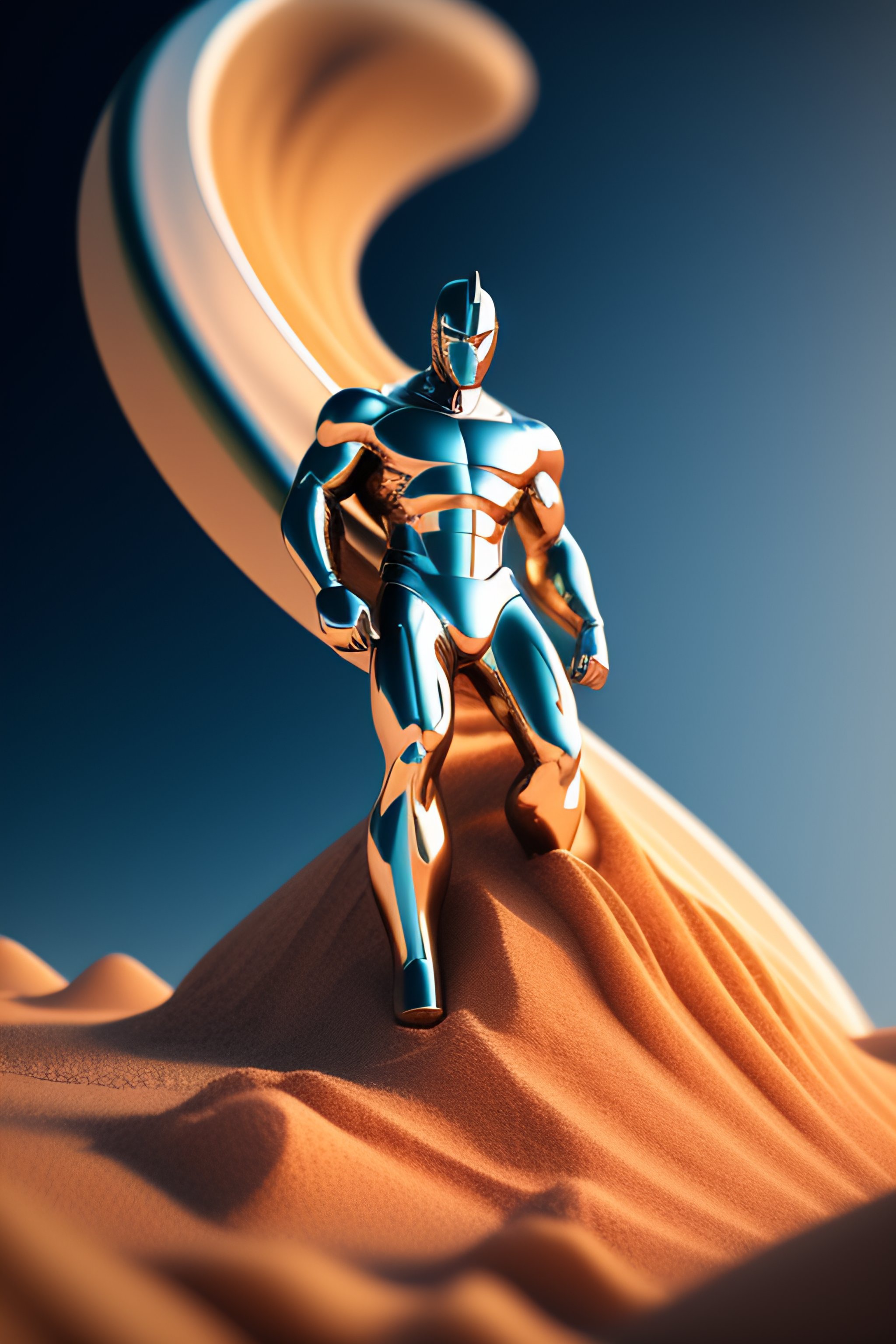 Lexica - Silver surfer, on top of his surf board, sand, wind, with ...