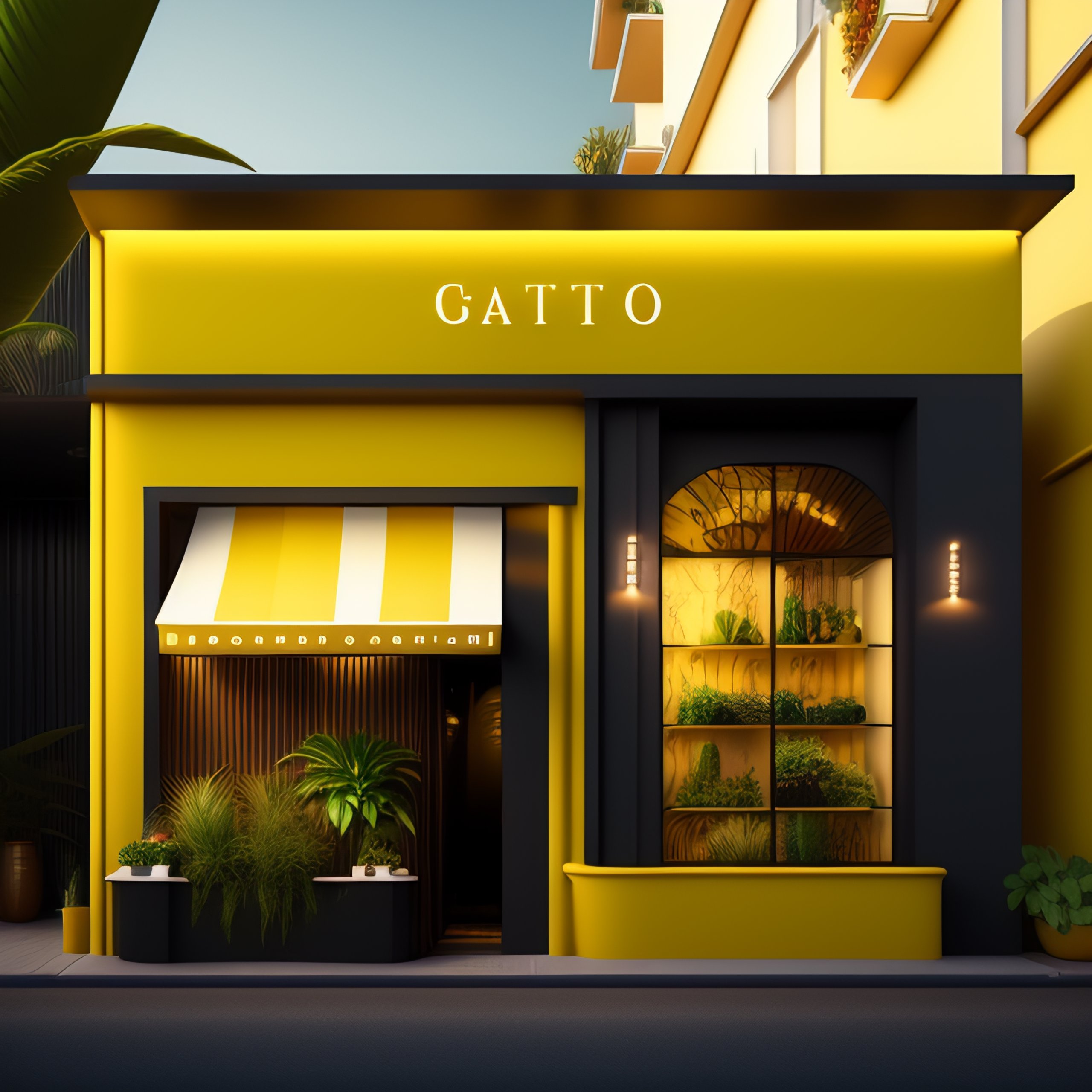 Lexica - A yellow gelato shop facade with tropical plants, minimalist ...