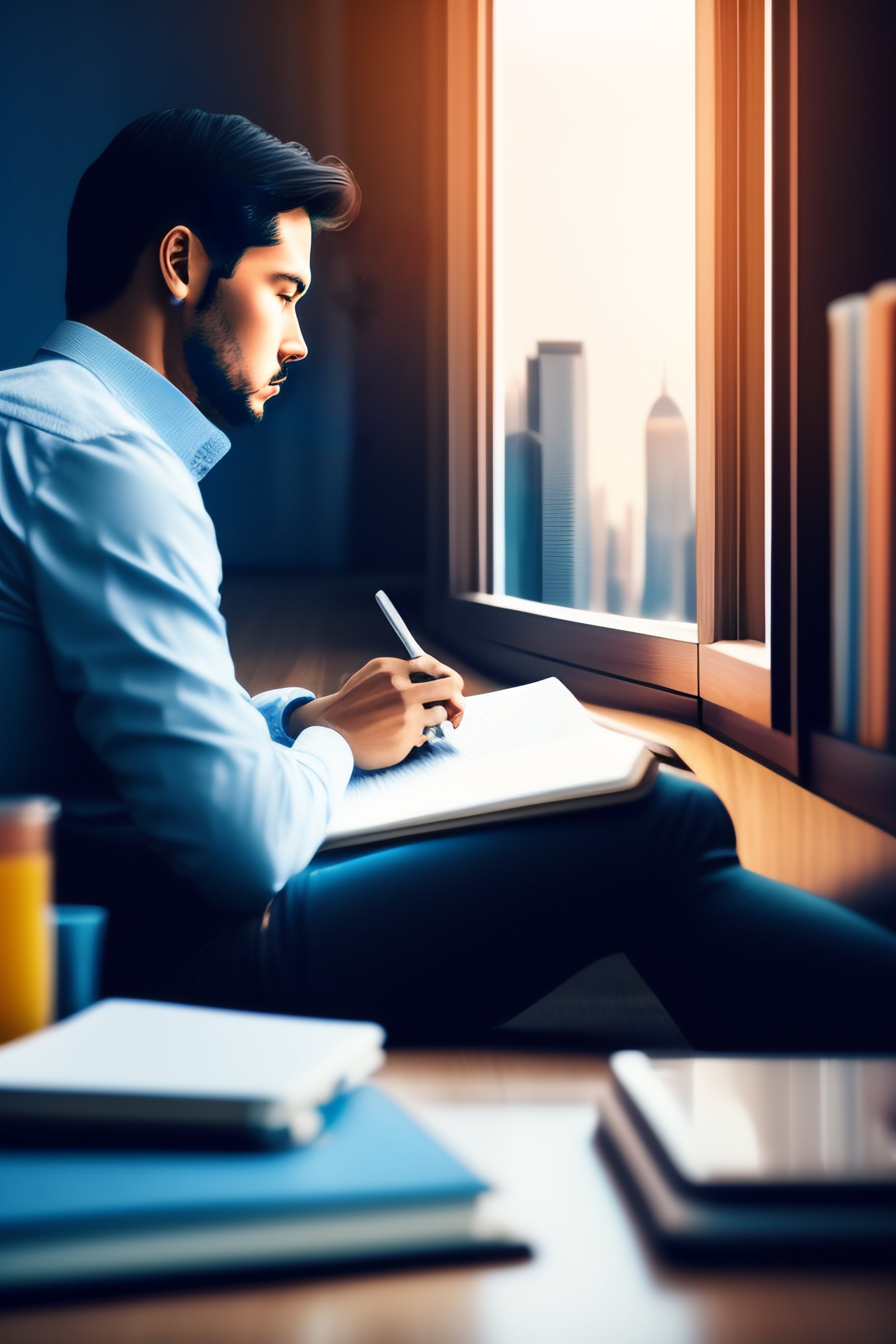 Lexica - Man Researching Trends People Businesses Room Taking notes ...