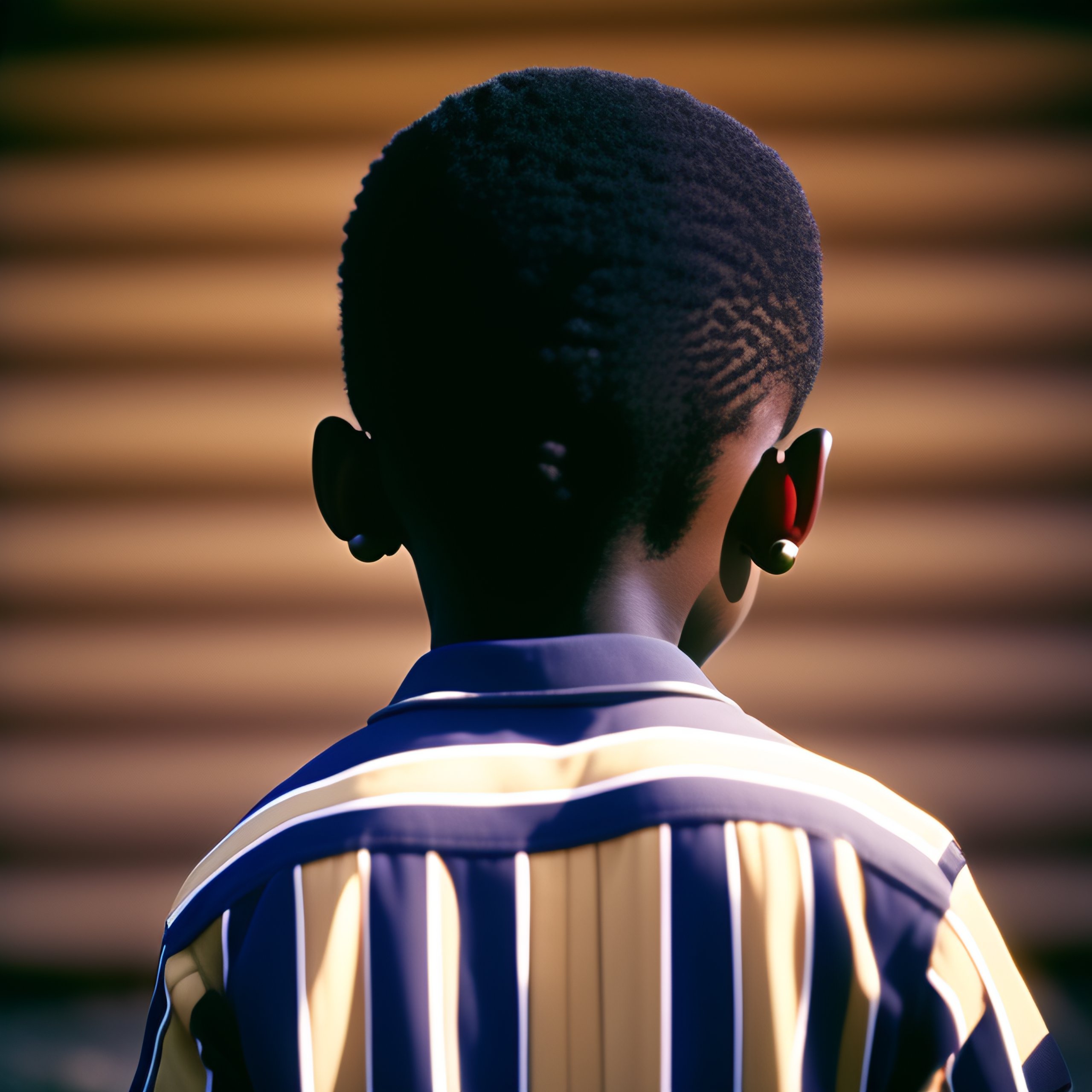 Lexica - Rear view of a young black boy wearing a striped shirt, 12mm ...