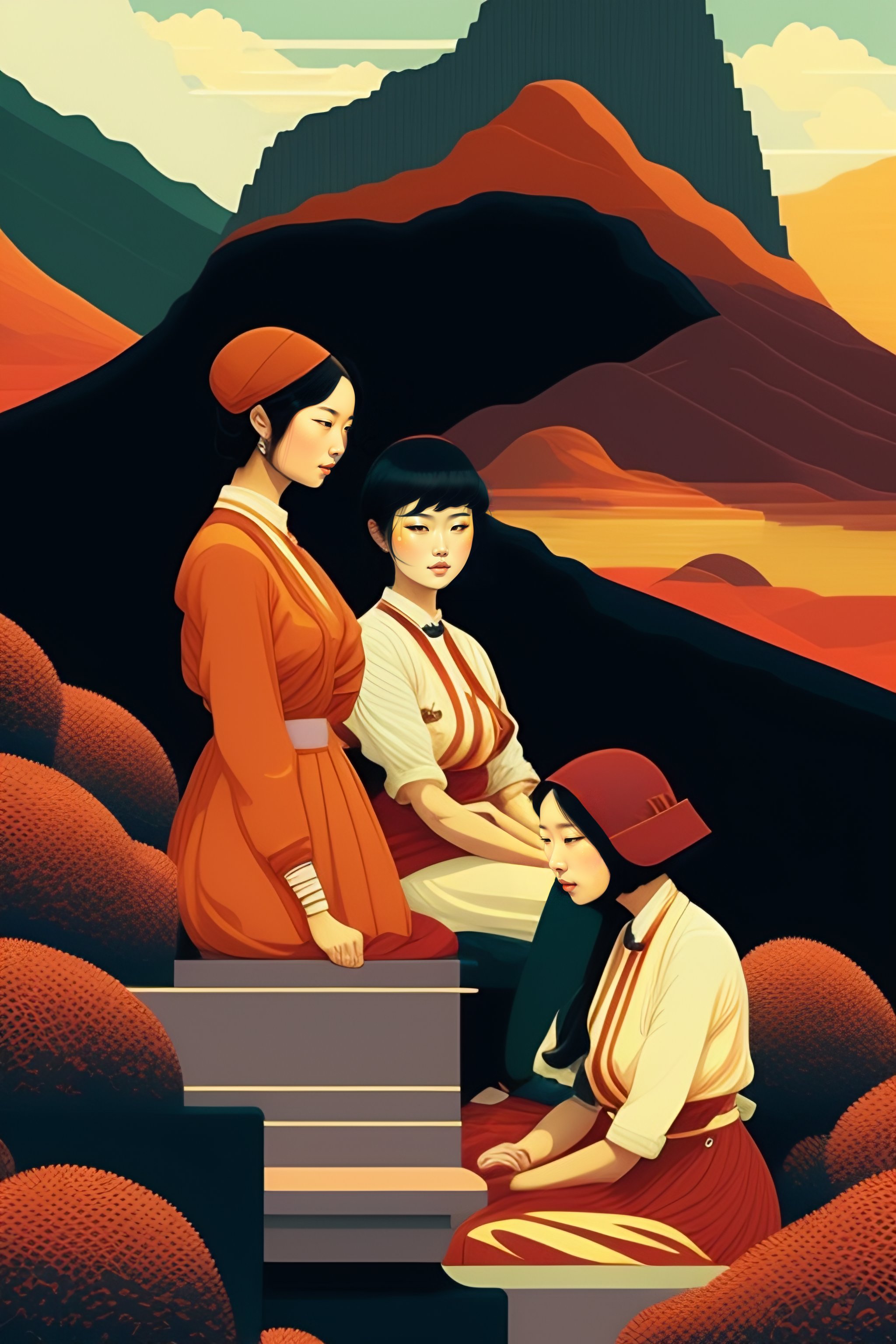 Lexica - Women sitting in vertical landscape by sachin teng, hasui kawase
