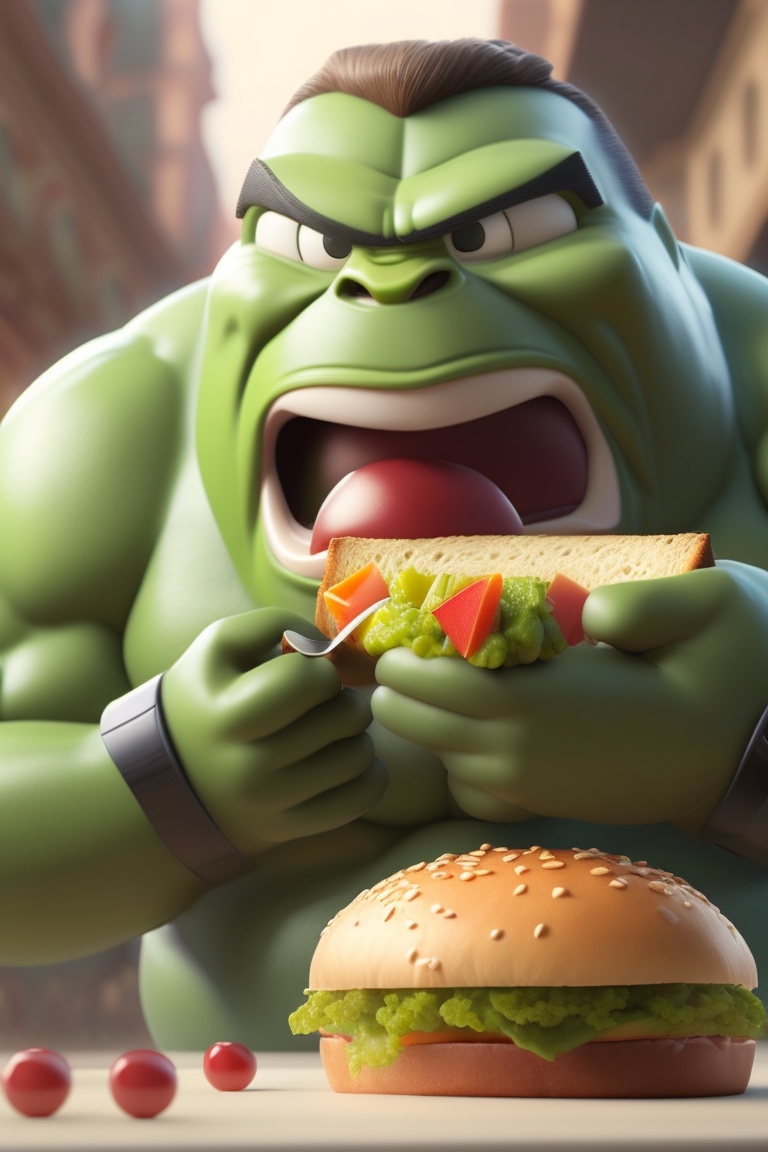 Lexica - A toy from hulk, style Pixar, eating a sandwich