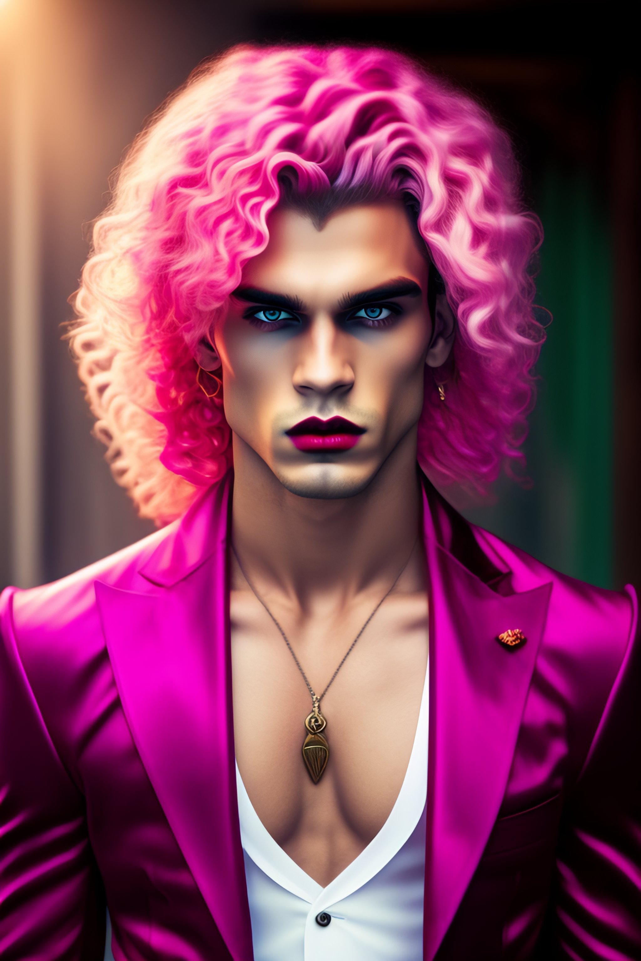 Lexica - Vampire with curly long blonde hair, magenta eyes, pink lips ...