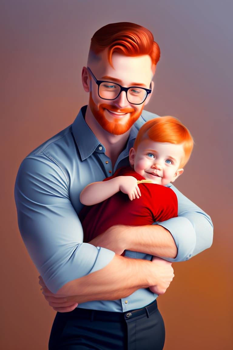 Lexica - A red-haired dad in a shirt, glasses and with a watch holds a ...