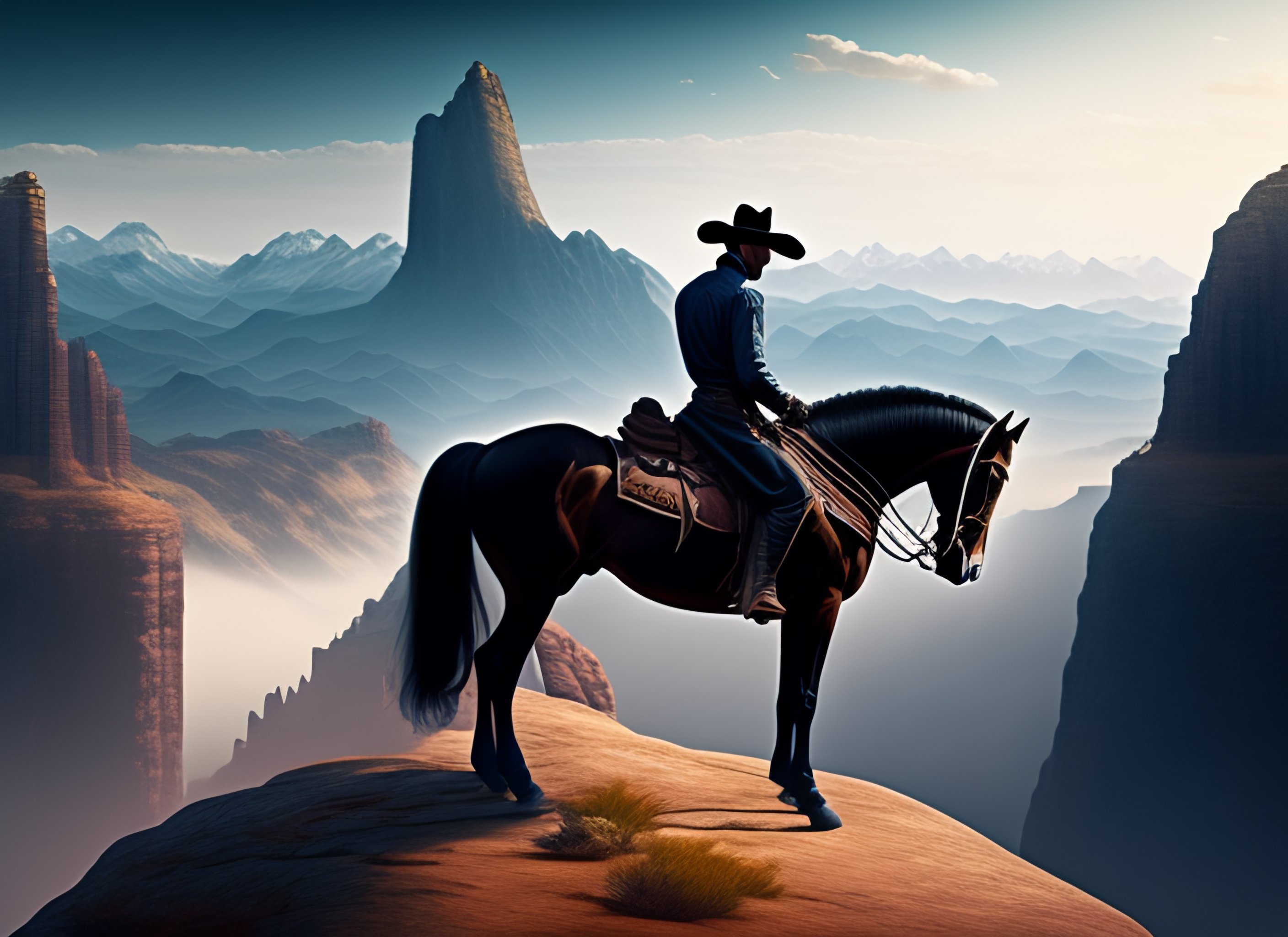 Lexica - A cowboy on a horse on a cliff overlooks a futuristic ...