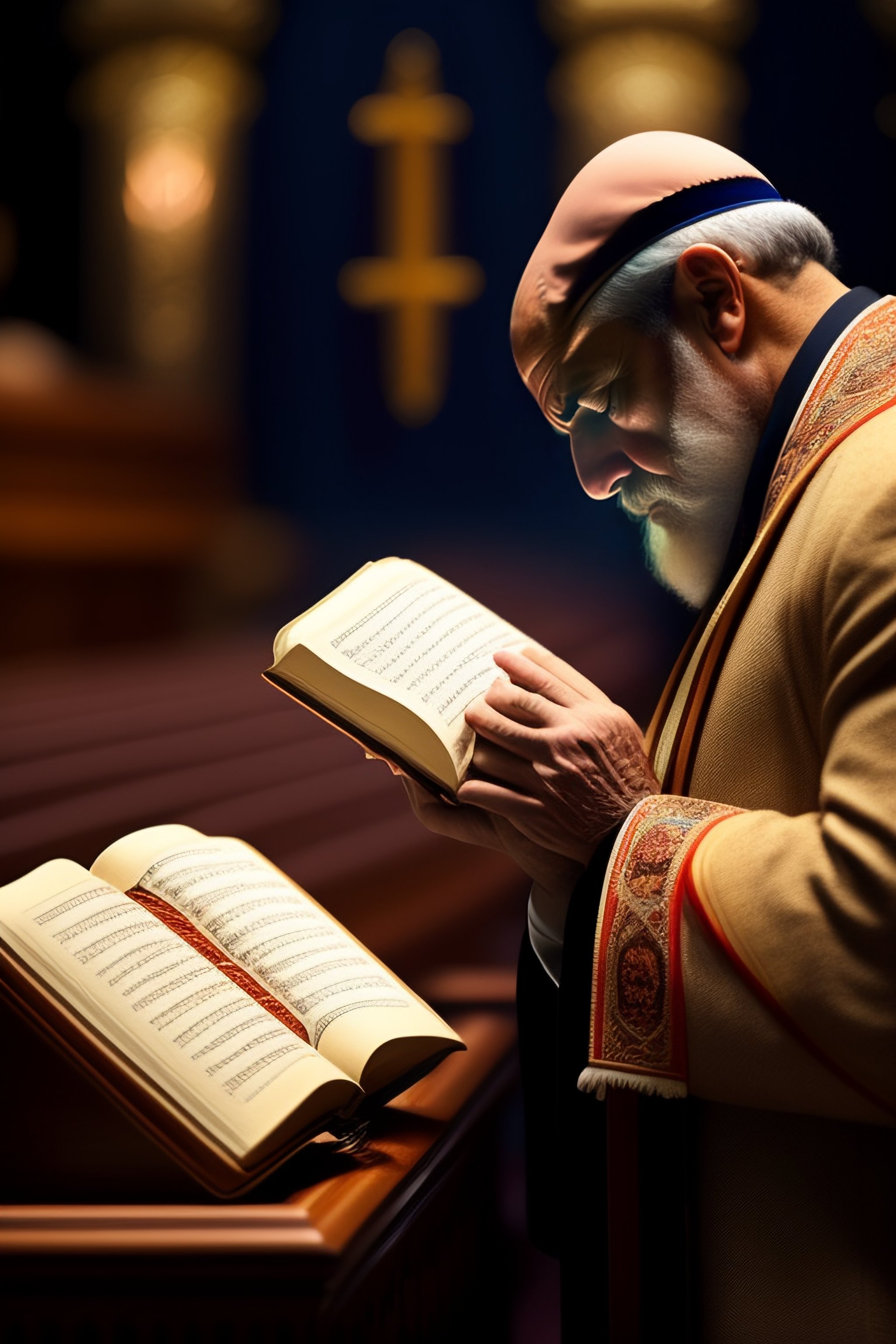 Lexica - A Jew prays in the synagogue with a siddur in hand