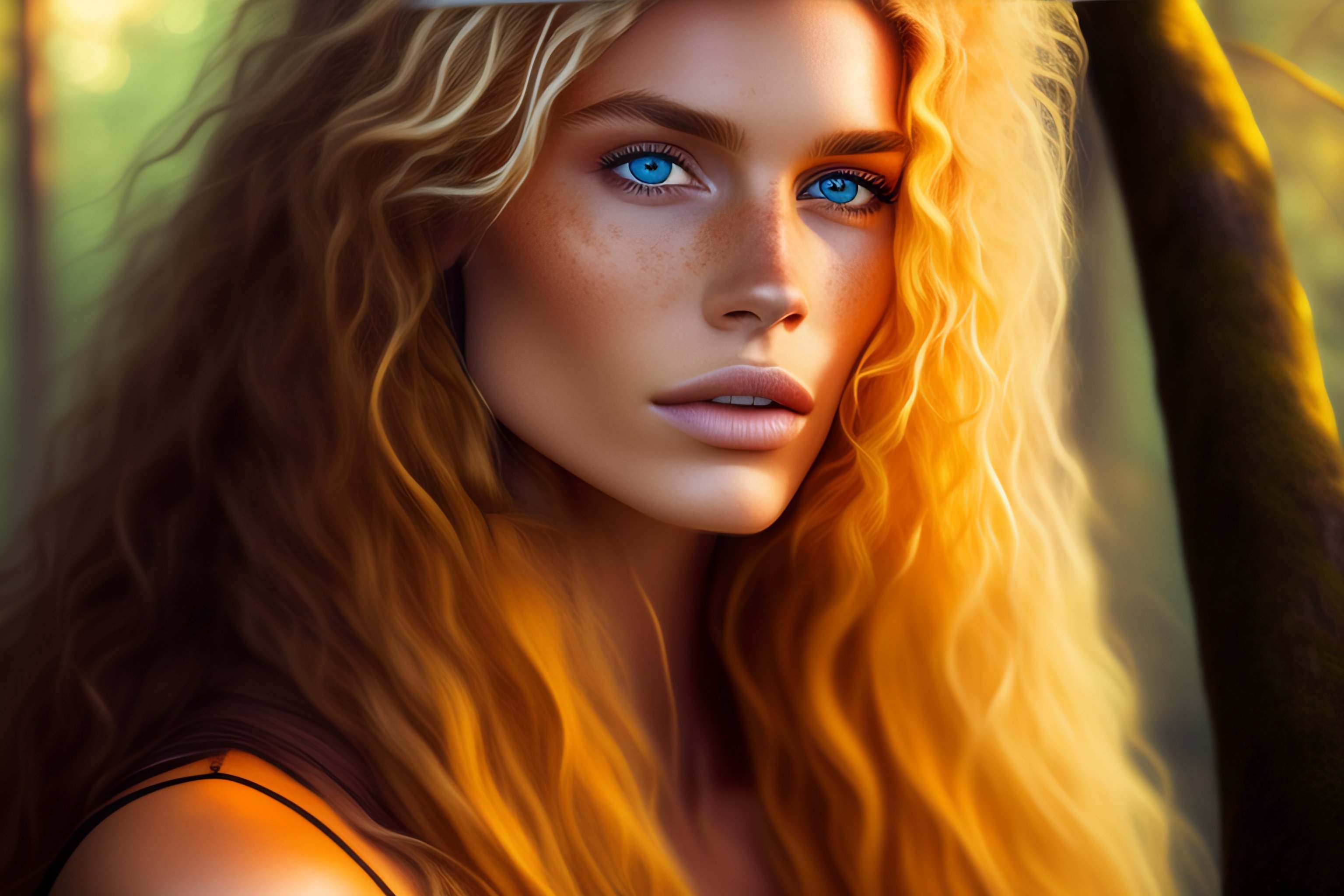 Lexica - Blonde, wild hair, orange eyes, freckles, forest woman