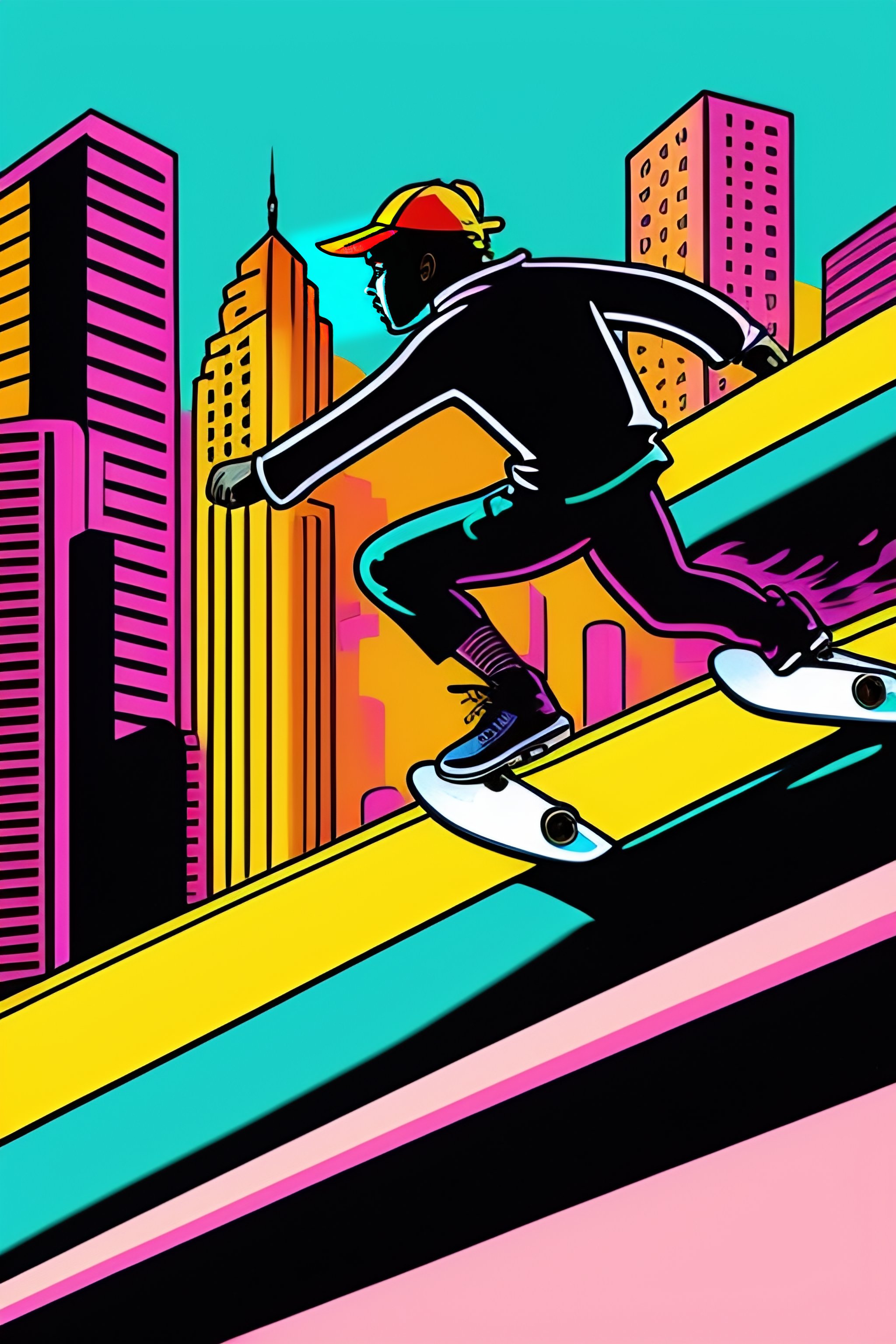 Lexica - 90s comic Graphic art of a person riding skateboards in city