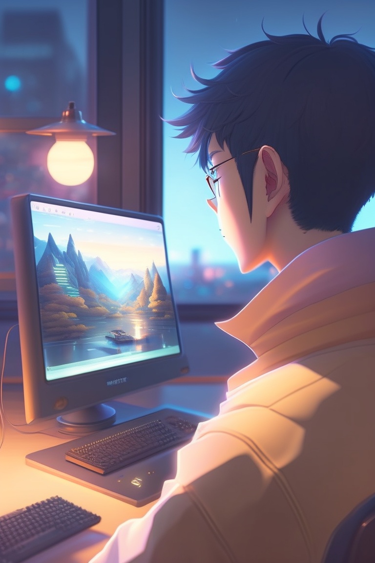 Lexica - Lofi Anime boyis programming at a computer, cozy, by makoto ...