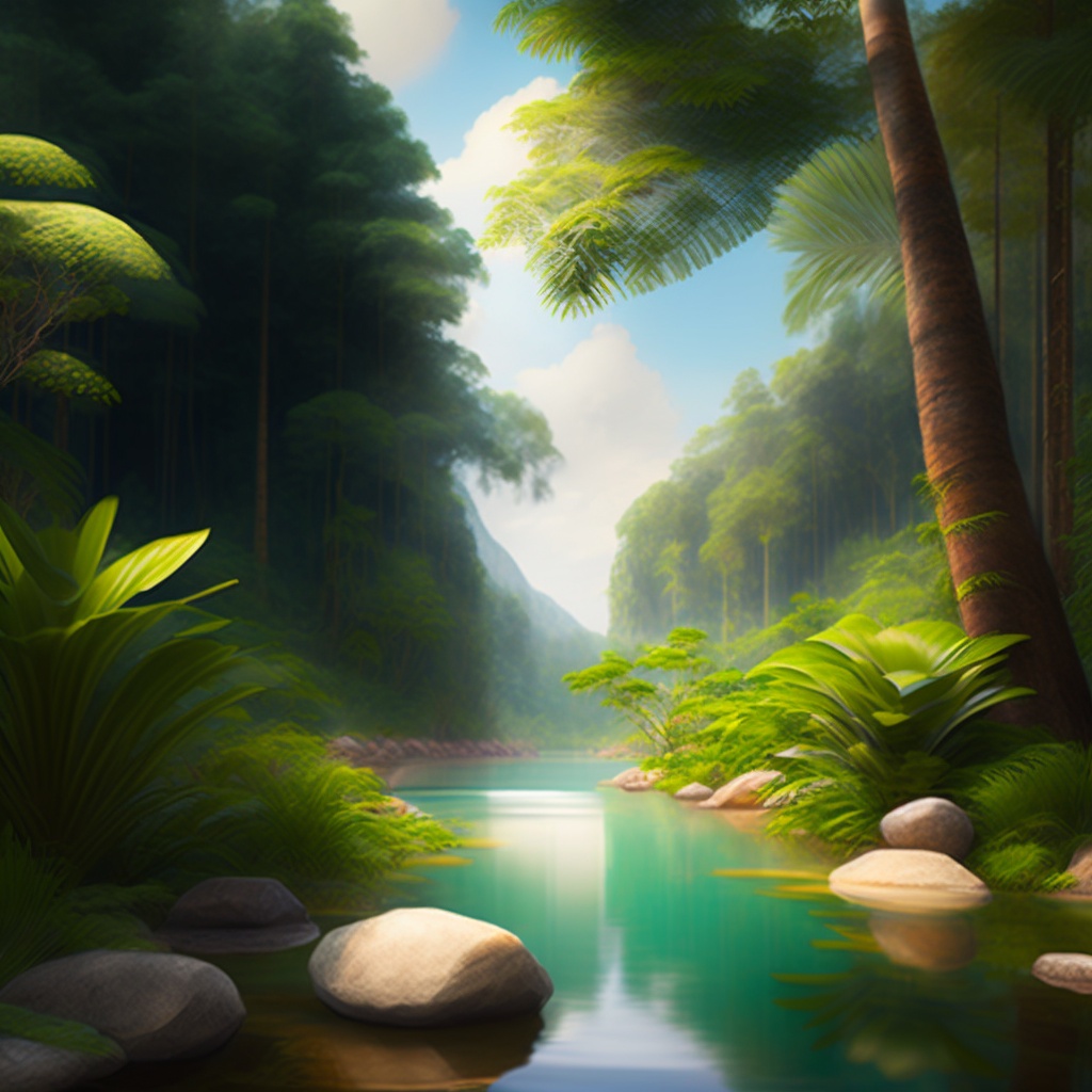 Lexica - A river in jungle, sunny day with some clouds, low angle ...