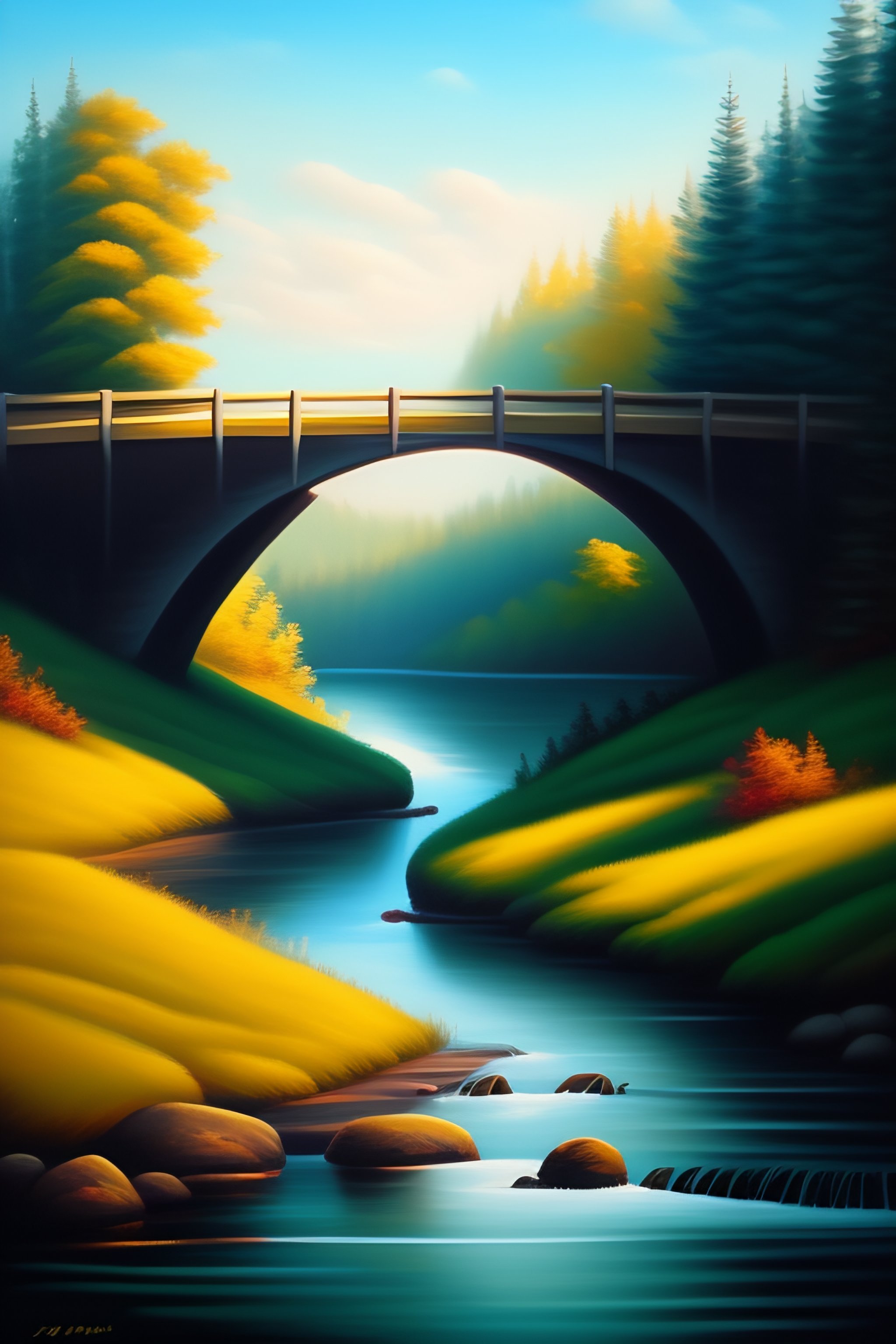 Lexica - Hi res retro bridge over river in oil painting style