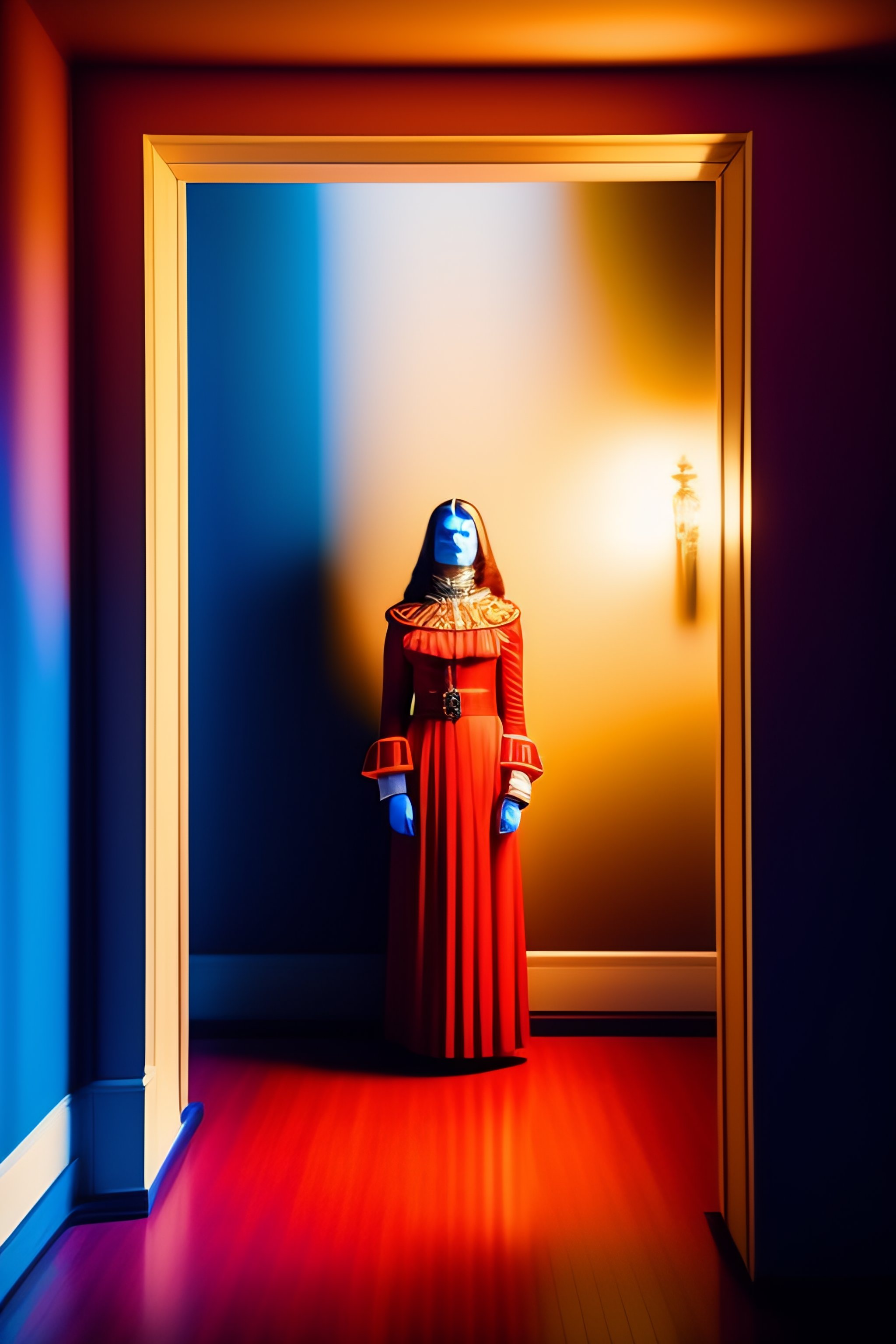 Lexica - An ivory golden demon in a blue and red haunted liminal ...