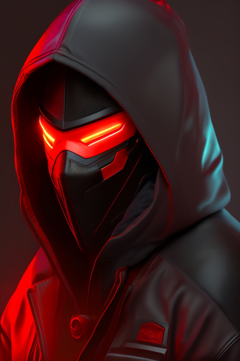 Lexica - Male character, hooded, dark, with neon red and mask, dark ...