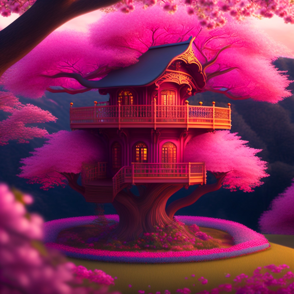 Lexica - Beautiful ornate treehouse in a gigantic pink cherry blossom ...