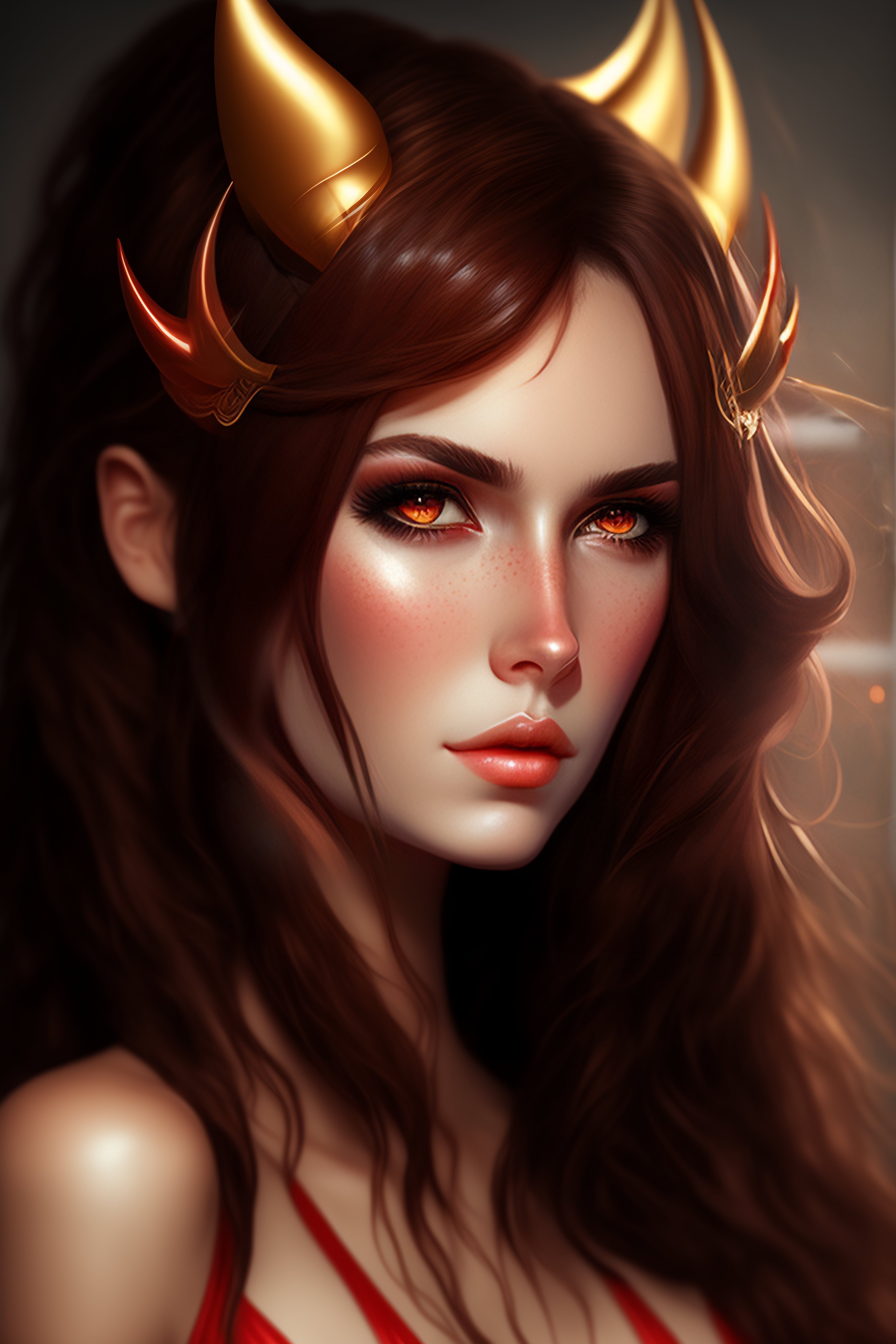 Lexica - Devil girl, devil horns, brown hair, tired face, frowning ...