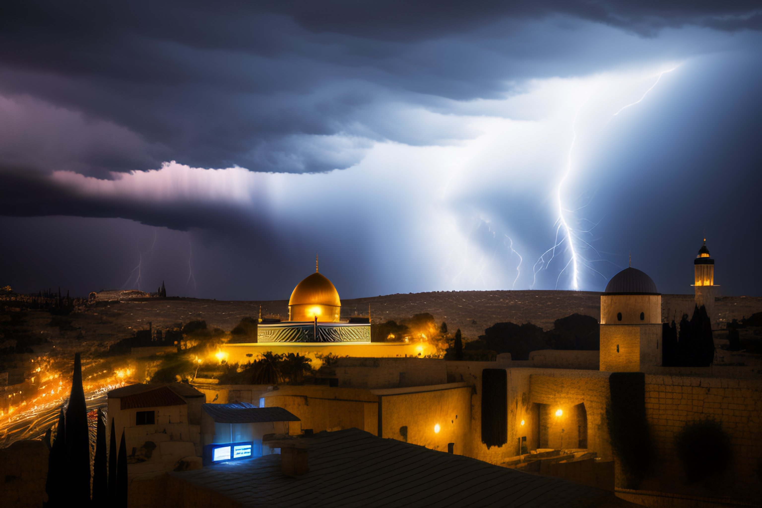 Lexica - Old city of Jerusalem dramatic storm lightning surreal