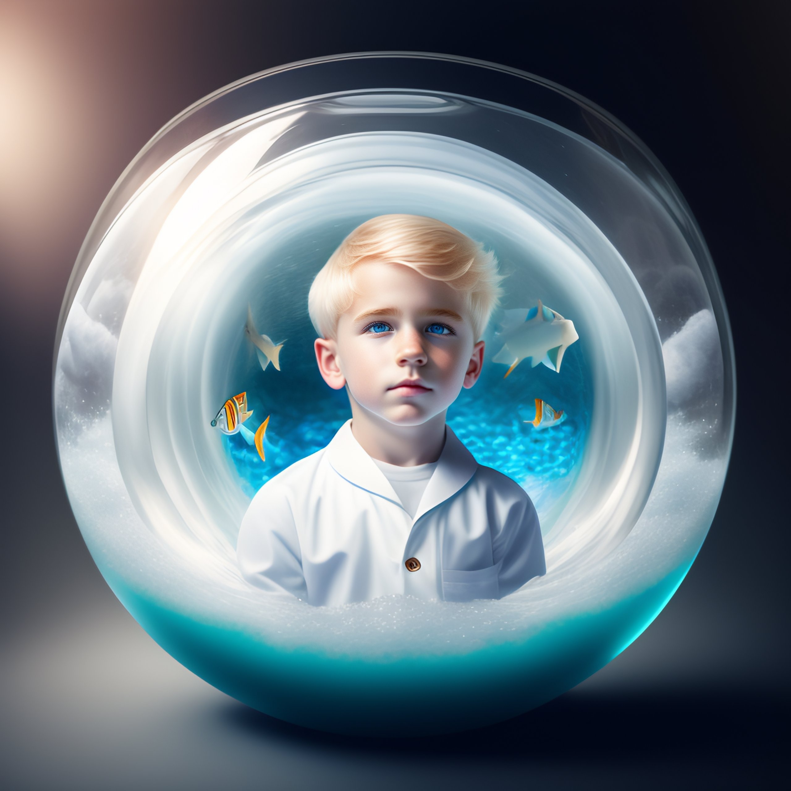 Lexica - A pale blonde boy in white pijamas floating inside a giant ...