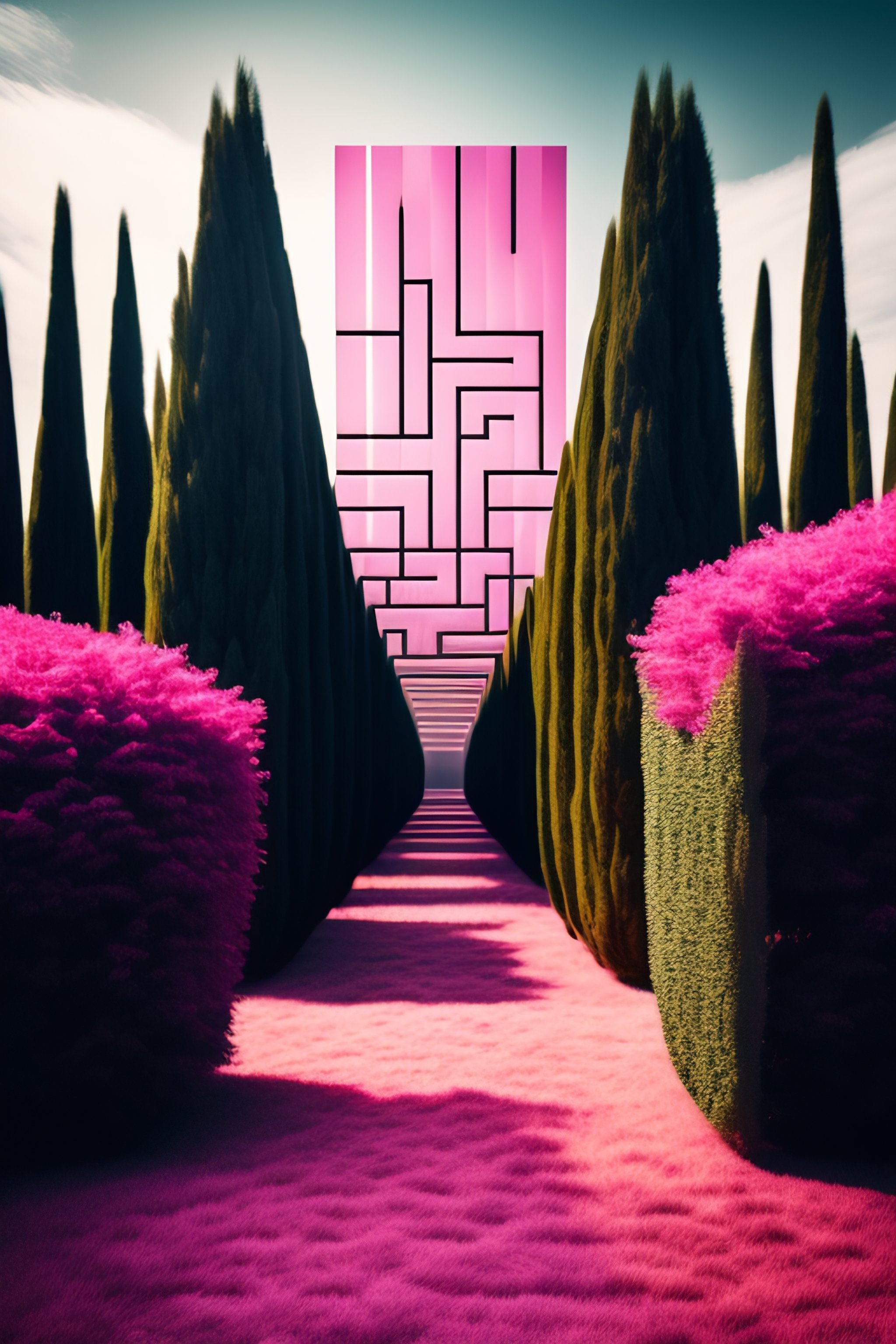 Lexica - Tall hedge maze, pink smoke, geometric, minimal, vintage, scary