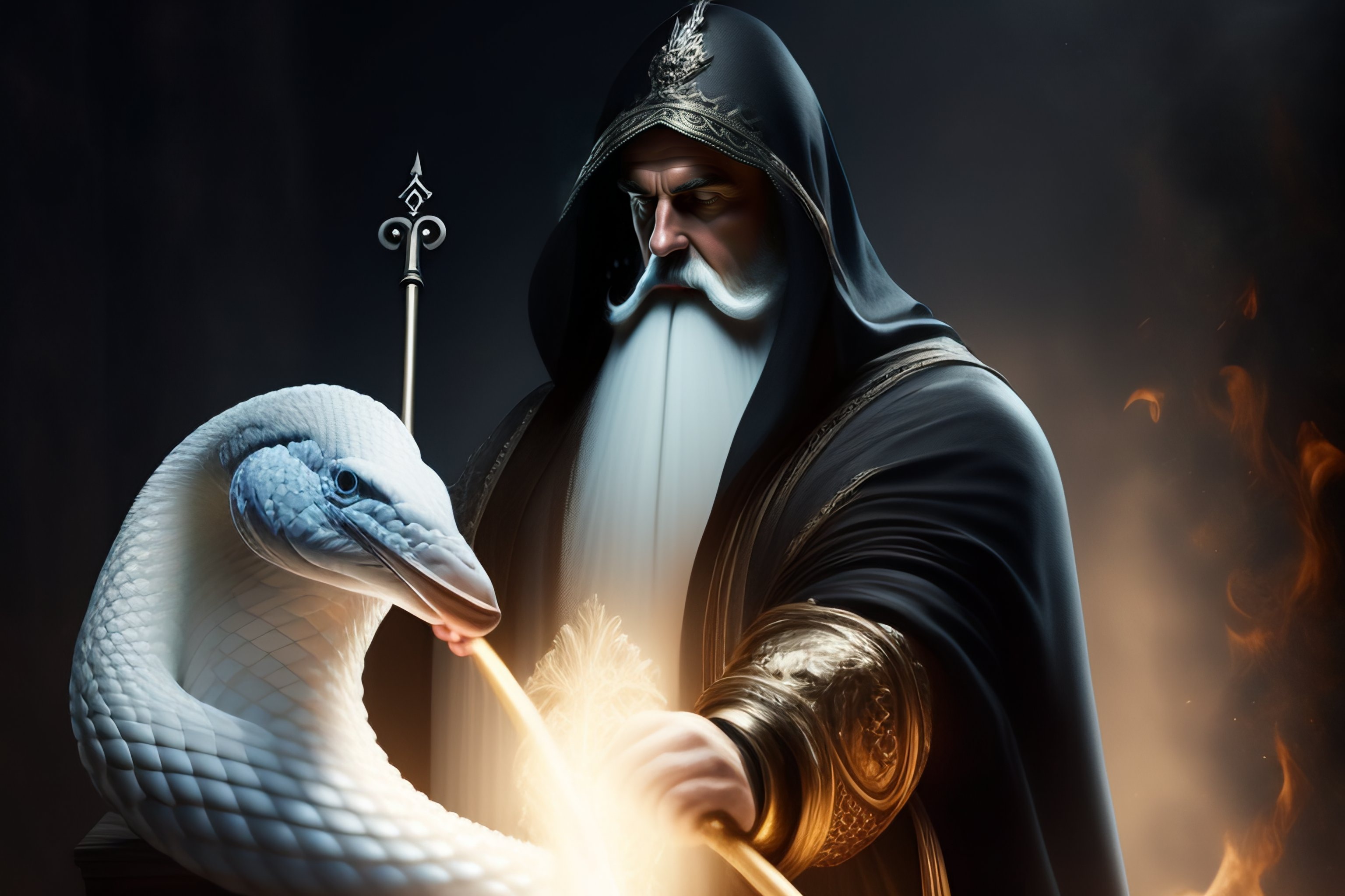 Lexica - One Greek wizard in dark robe hold a staff that has a white ...