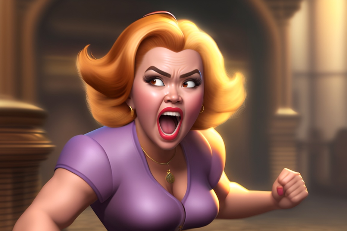 Lexica - A close-up shot of an enraged Karen with her mouth wide open and pointing finger, ready ...