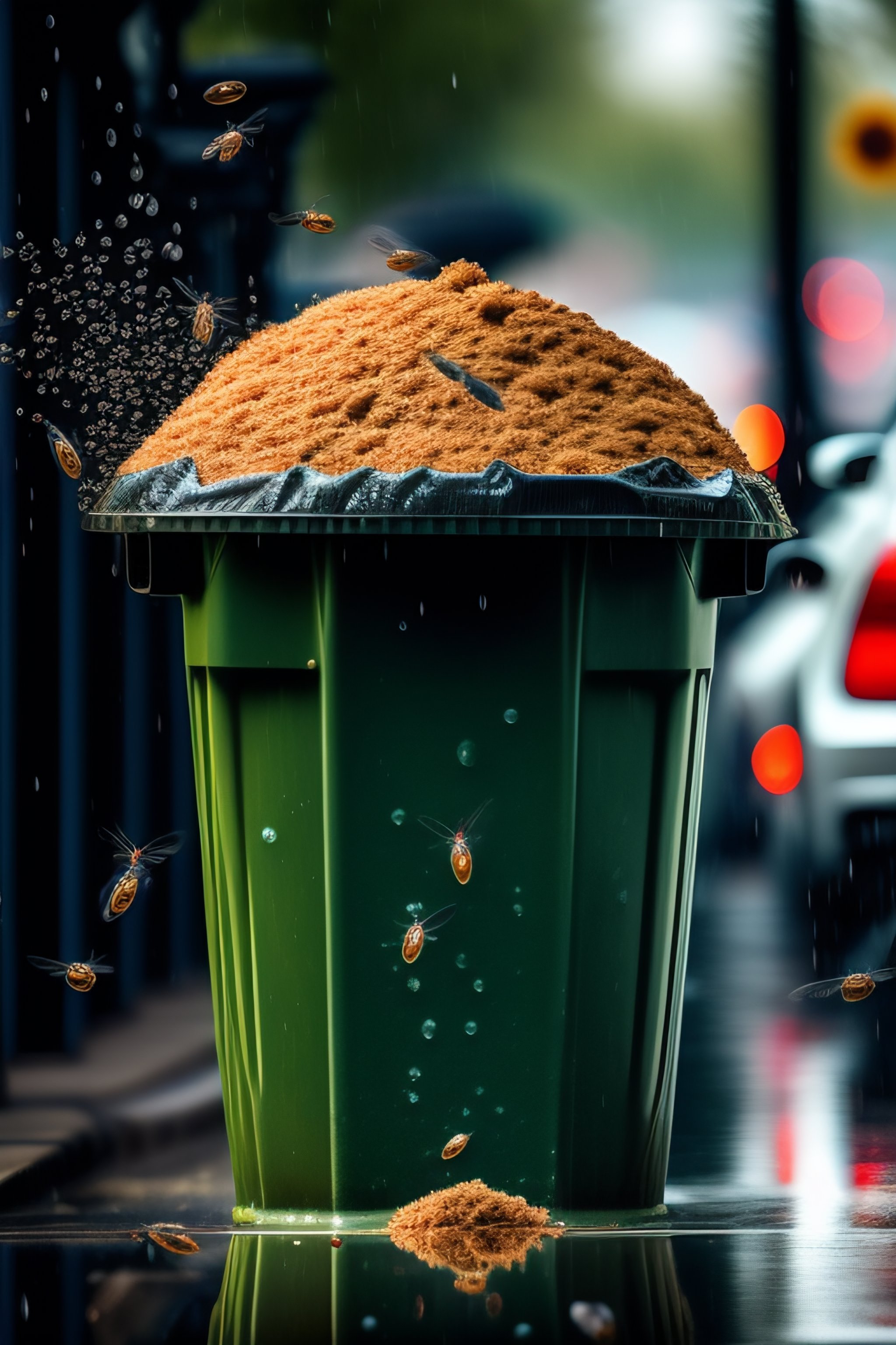 Lexica - A photograph of an overflowing garbage can with flies on a ...