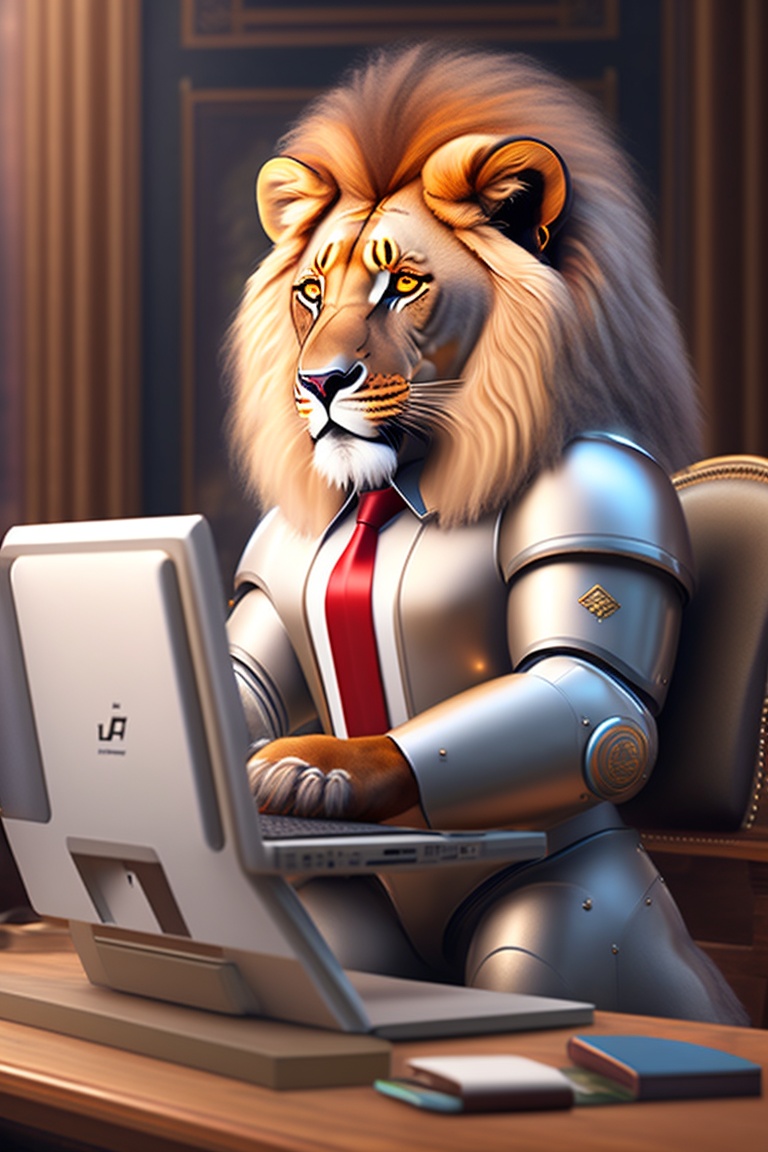 Lexica - Lion in a robotic uniform , in a suit , showing grandeur ...