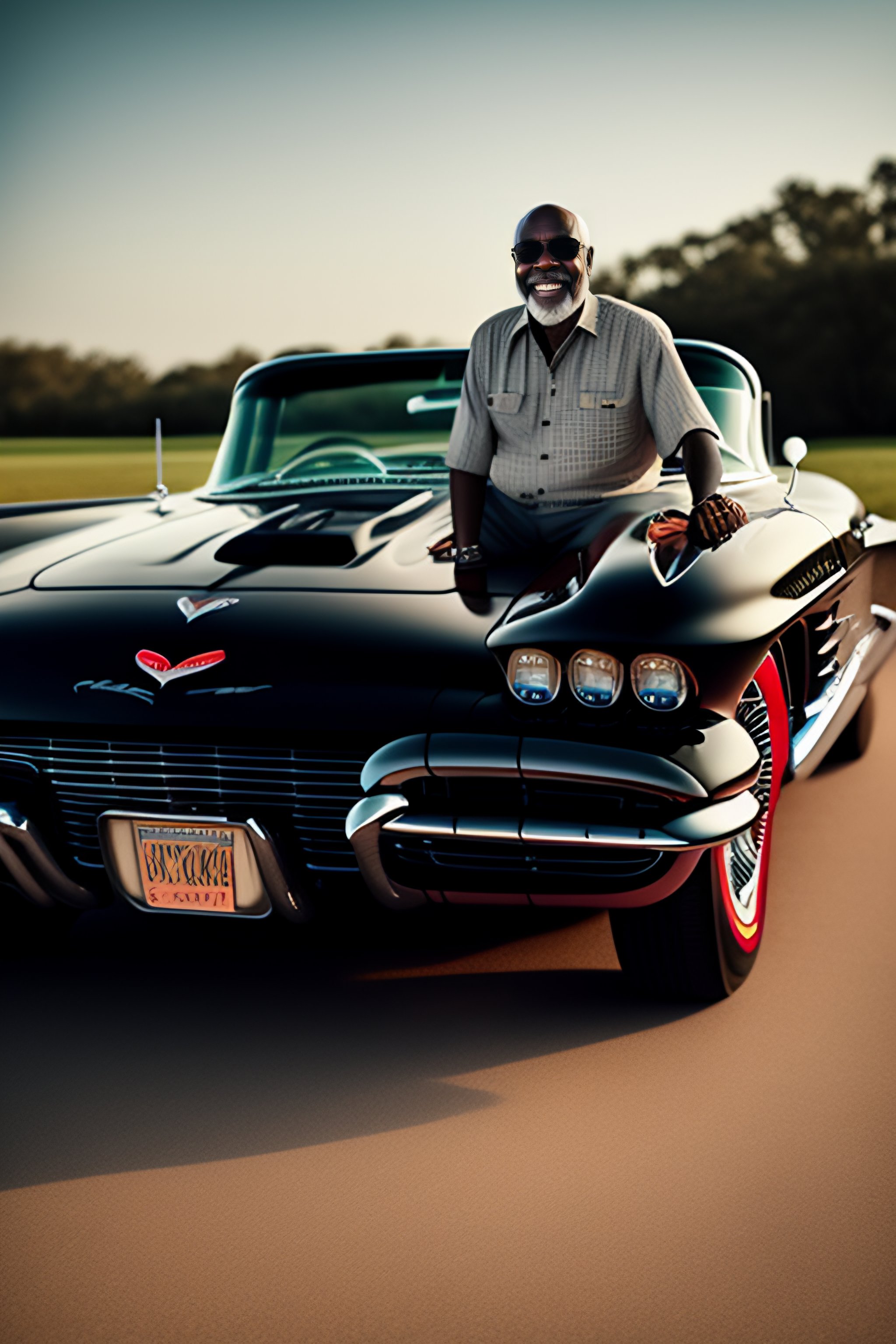 Lexica - Old bald black man with a grey beard, driving a red 1960 ...