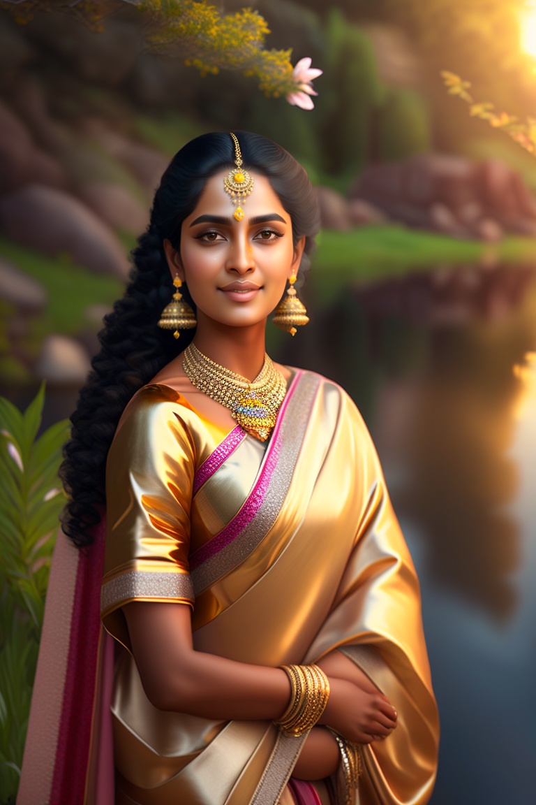 Lexica - Portrait of 1 pure young India woman, standing by a river in ...